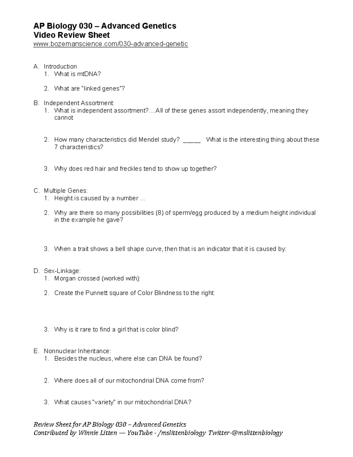 Advanced Genetics Worksheet - Review Sheet for AP Biology 030 ...