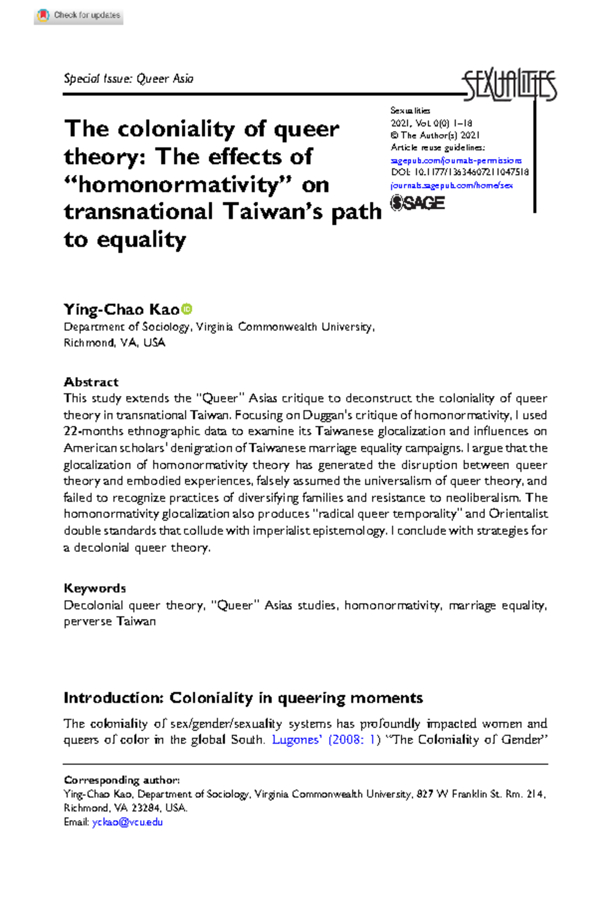 Coloniality of queer theory - Special Issue: Queer Asia Sexualities ...