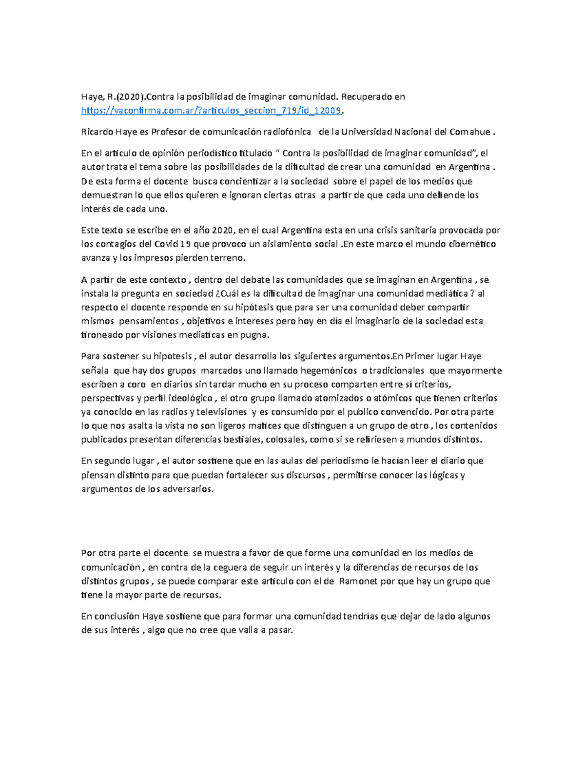 Informe de Lectura Ricardo Haye - Haye, R.(2020).Contra la posibilidad ...