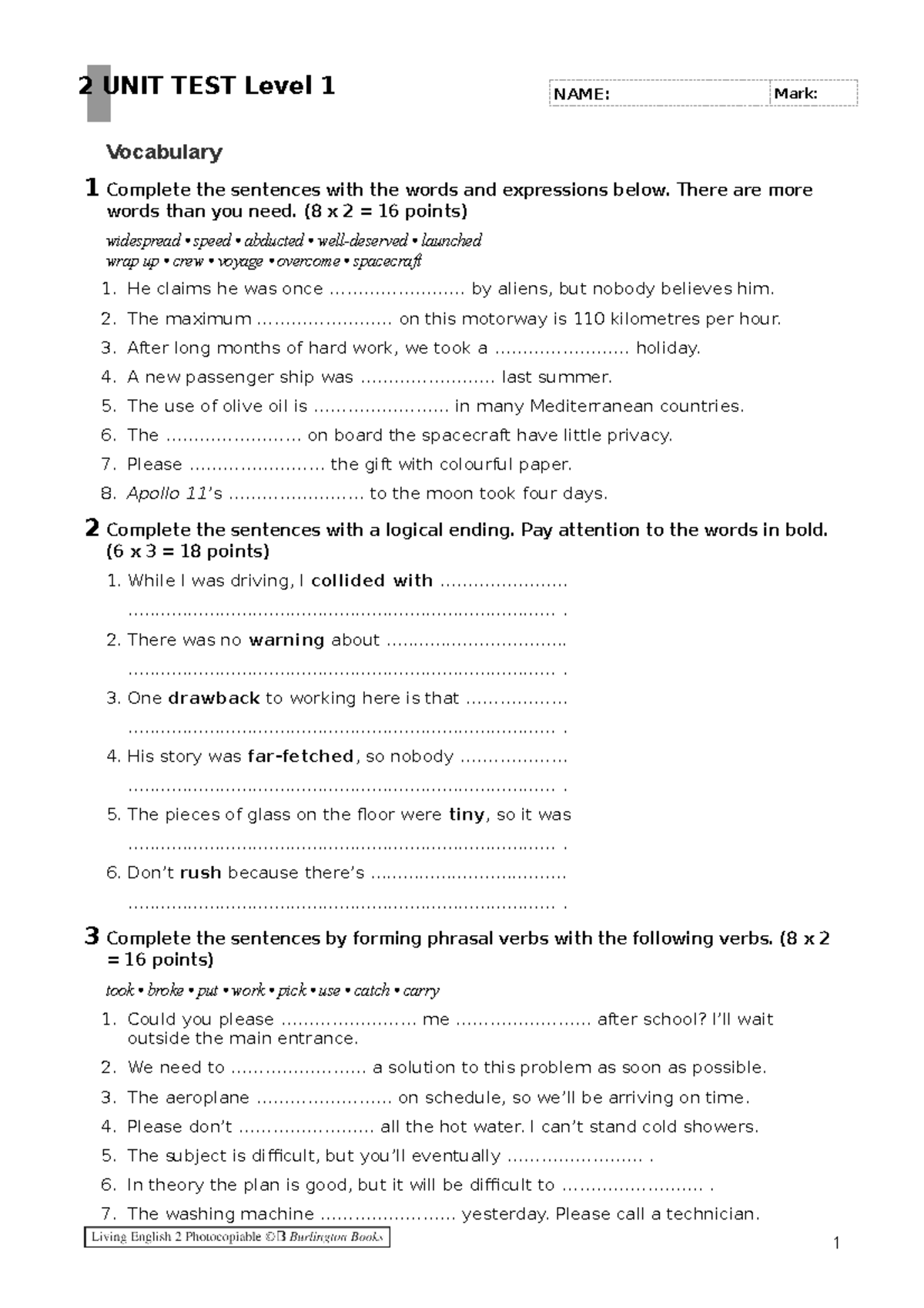 Living-english 2 unit2-1 - Vocabulary 1 Complete the sentences with the ...