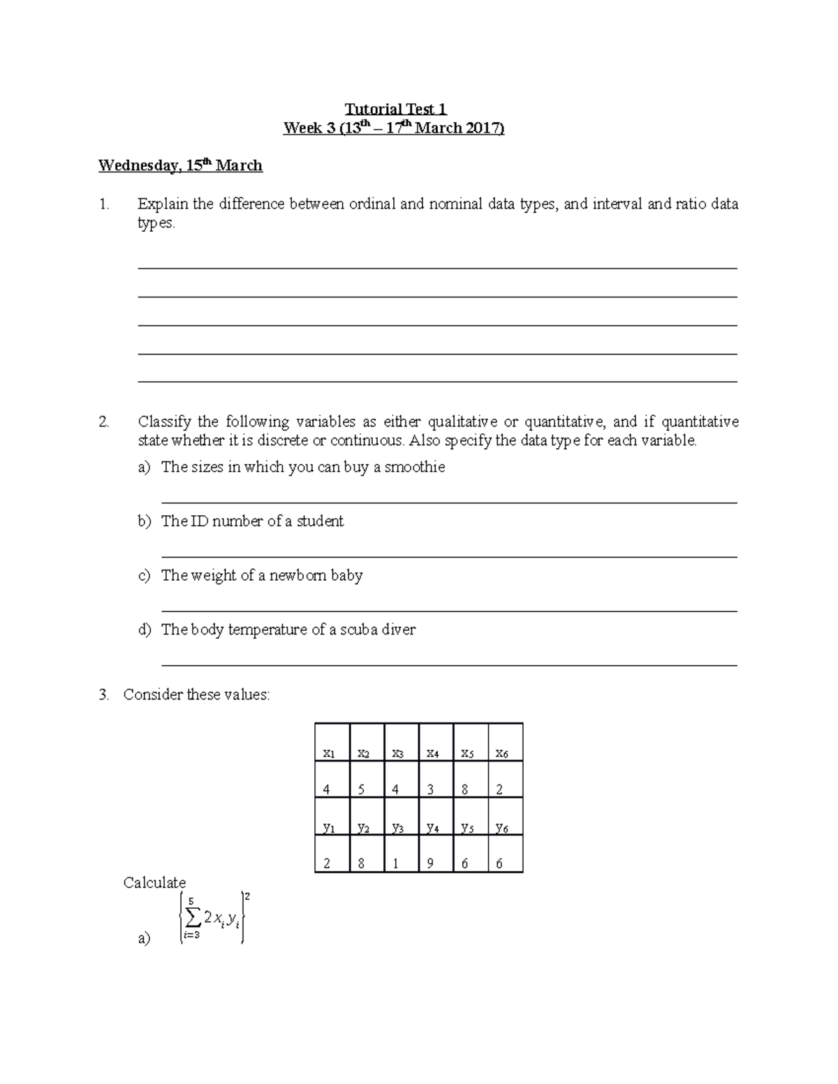 STATISTICS TUTORIAL TEST - Tutorial Test 1 Week 3 (13 th – 17 th March ...
