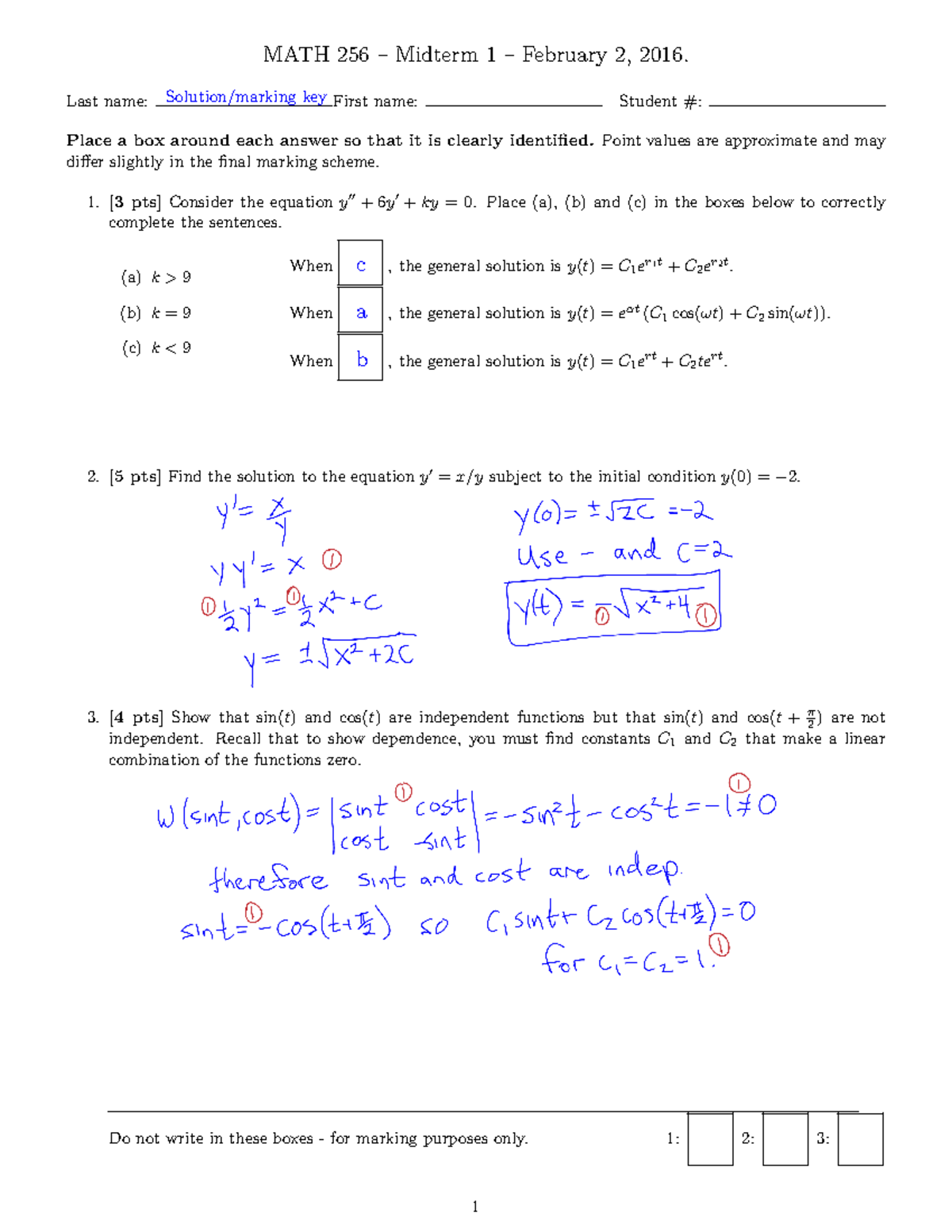 2015 W2Midterm 1Soln - Midterm 1 - MATH 256 – Midterm 1 – February 2, 2016. Last name: - Studocu