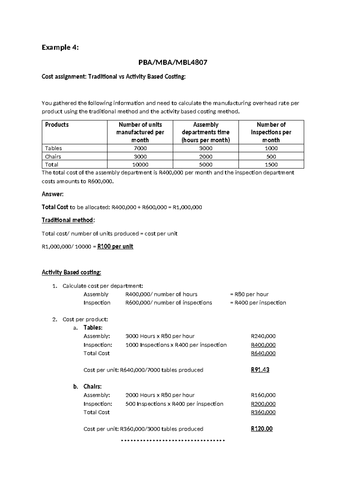 Example 4 Cost allocation traditional vs ABC costing - Example 4: PBA ...