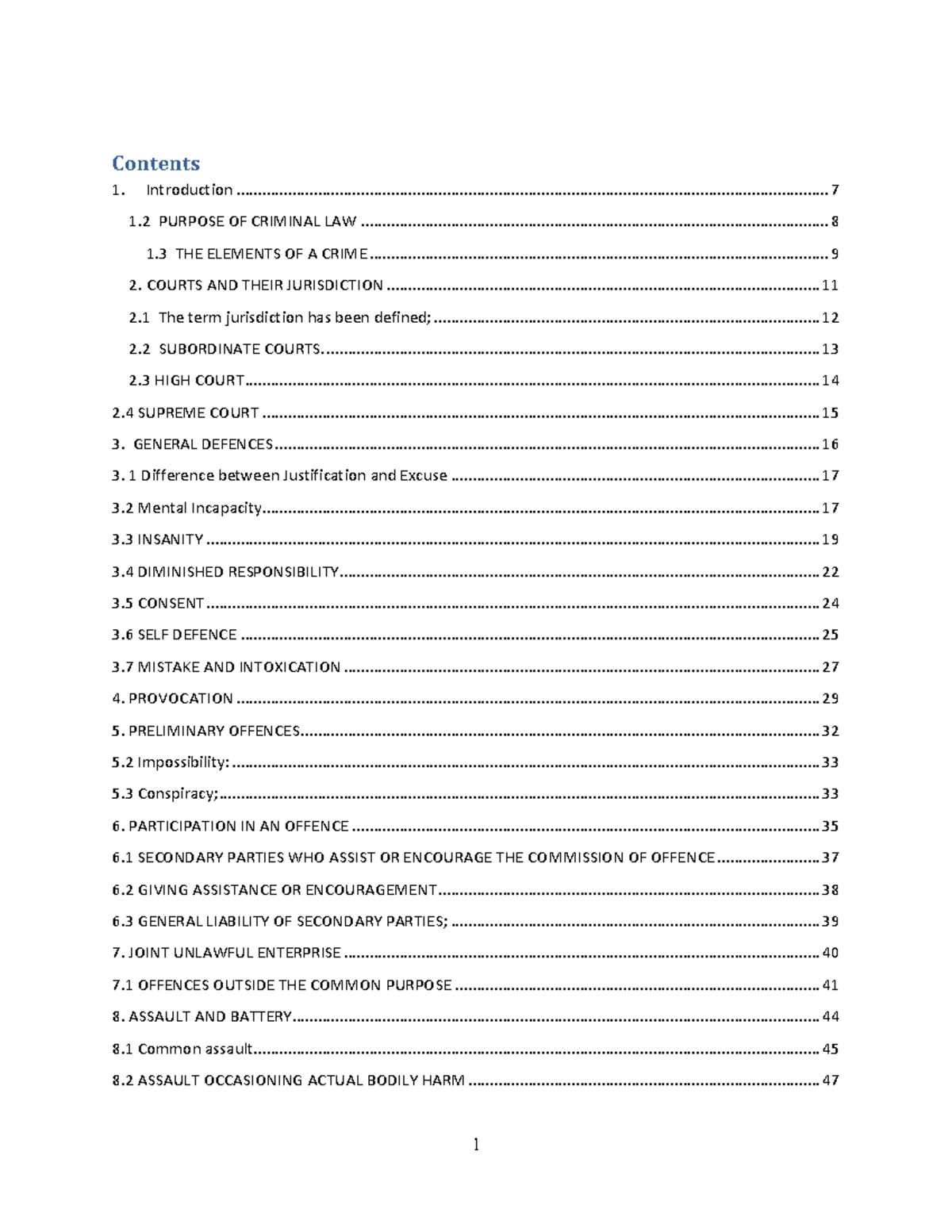 Criminal LAW Module.pdf - Contents Introduction 1 PURPOSE OF CRIMINAL LAW 1 THE ELEMENTS OF A ...