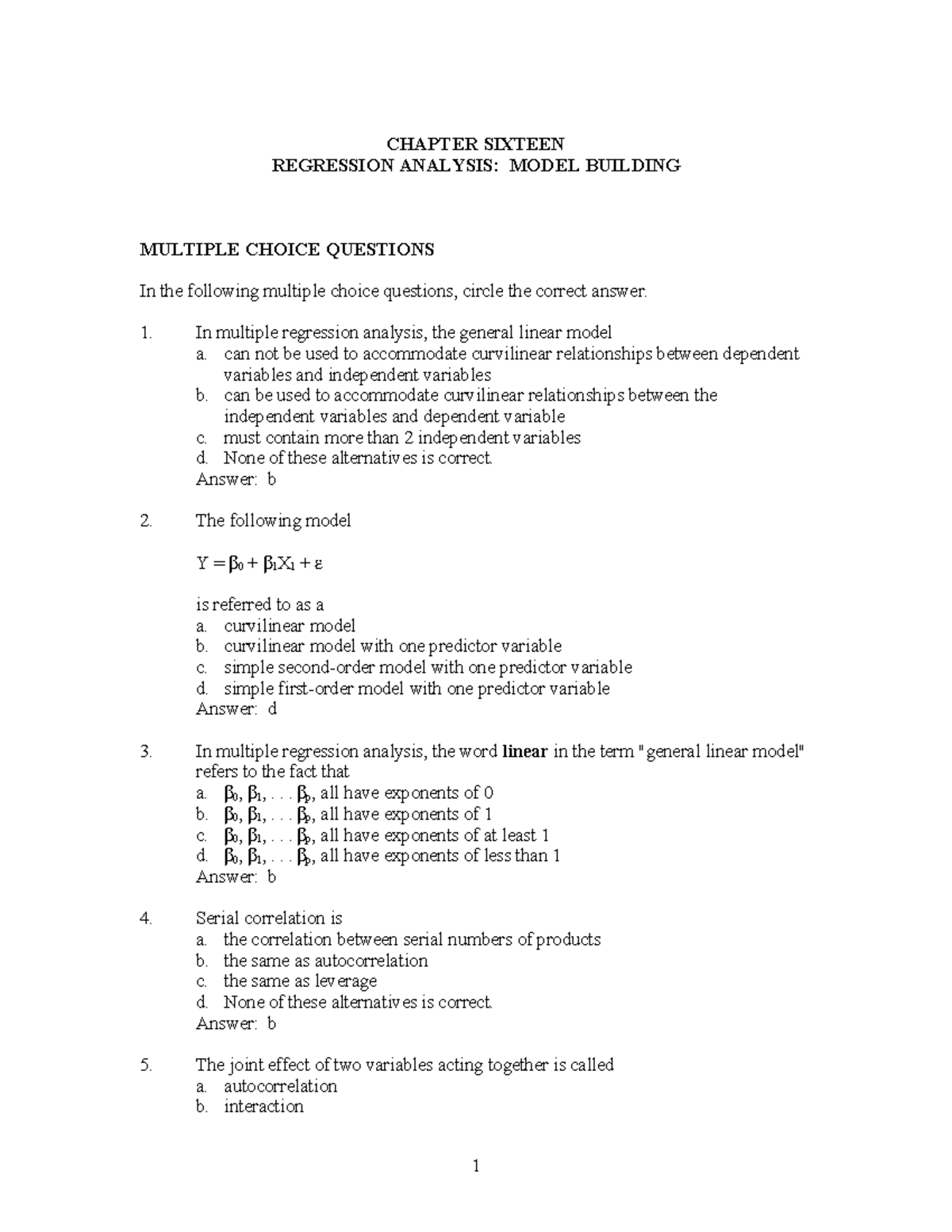 Pdfcoffee - PFA - CHAPTER SIXTEEN REGRESSION ANALYSIS: MODEL BUILDING MULTIPLE CHOICE QUESTIONS ...