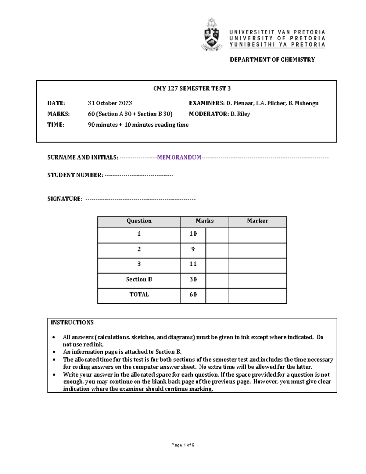 CMY 127 Sem Test 3 MEMO 2023 - DEPARTMENT OF CHEMISTRY CMY 127 SEMESTER ...