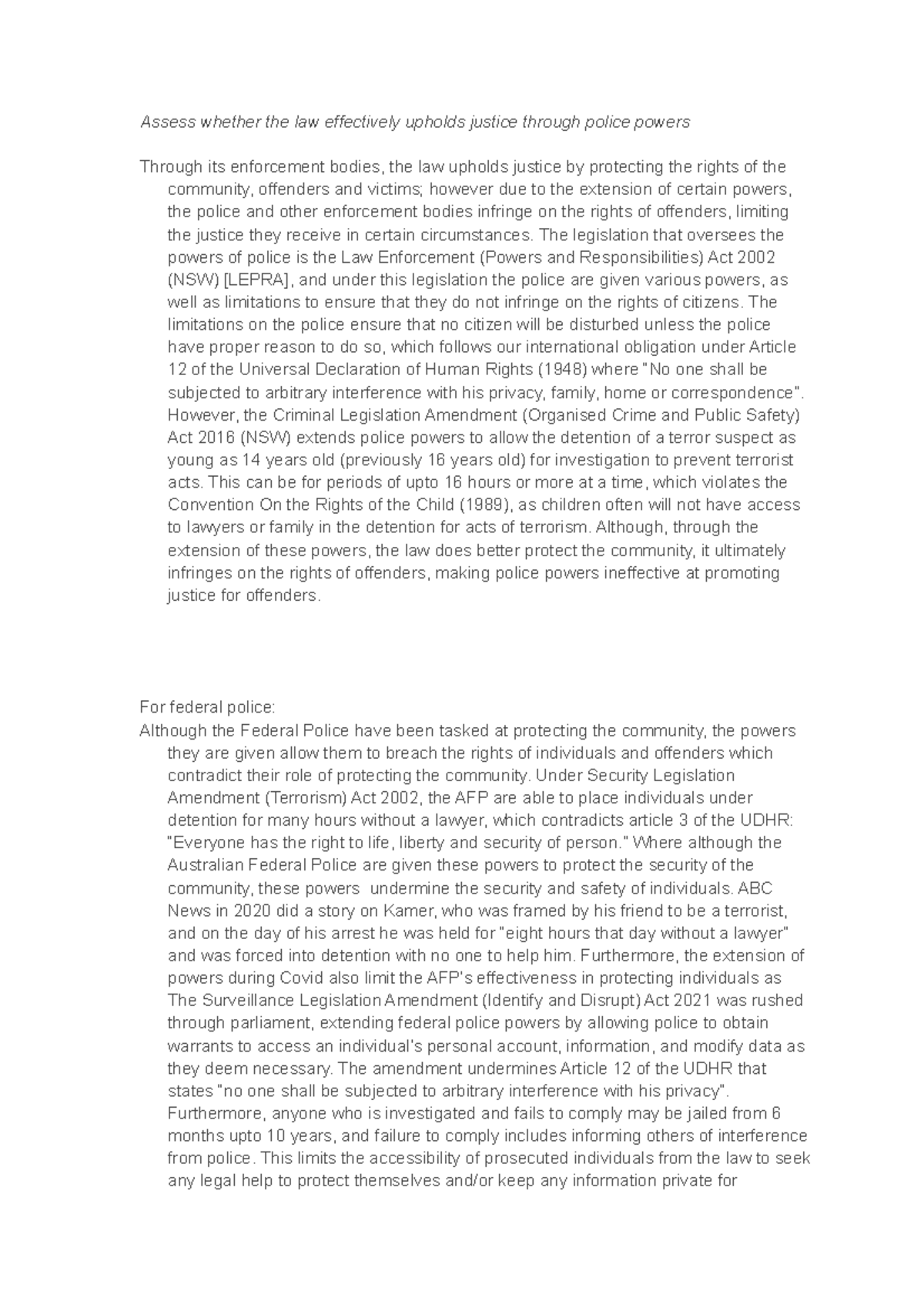 Police powers paragraph - Assess whether the law effectively upholds ...