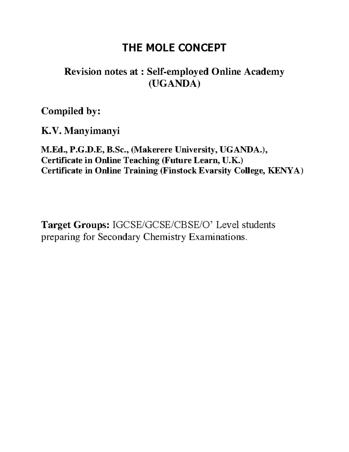 GCSE Chemistry - Basics OF THE MOLE Concept - THE MOLE CONCEPT Revision ...