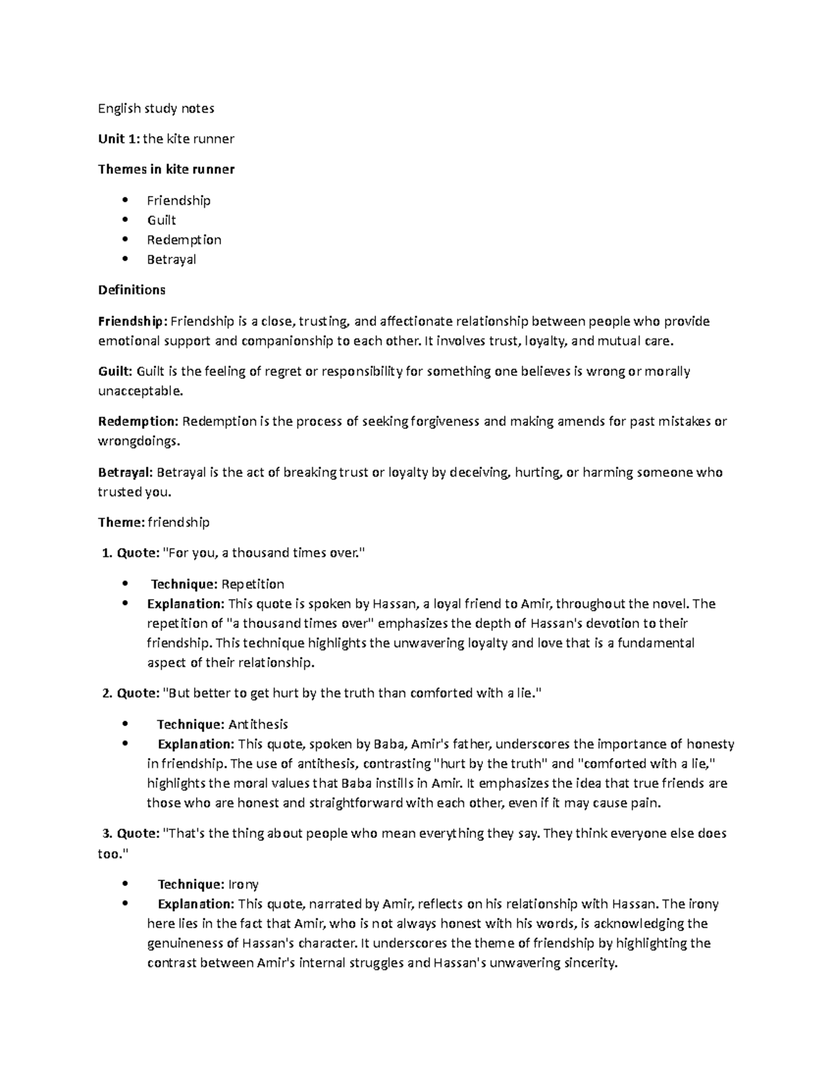 English study notes - English study notes Unit 1: the kite runner ...