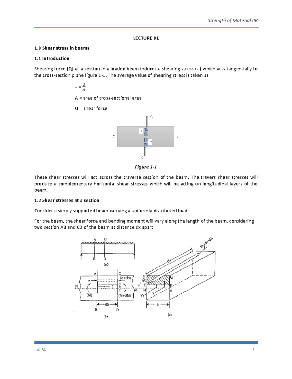 Lecture 1-1 - LECTURE 01 1 Shear stress in beams 1 Introduction ...