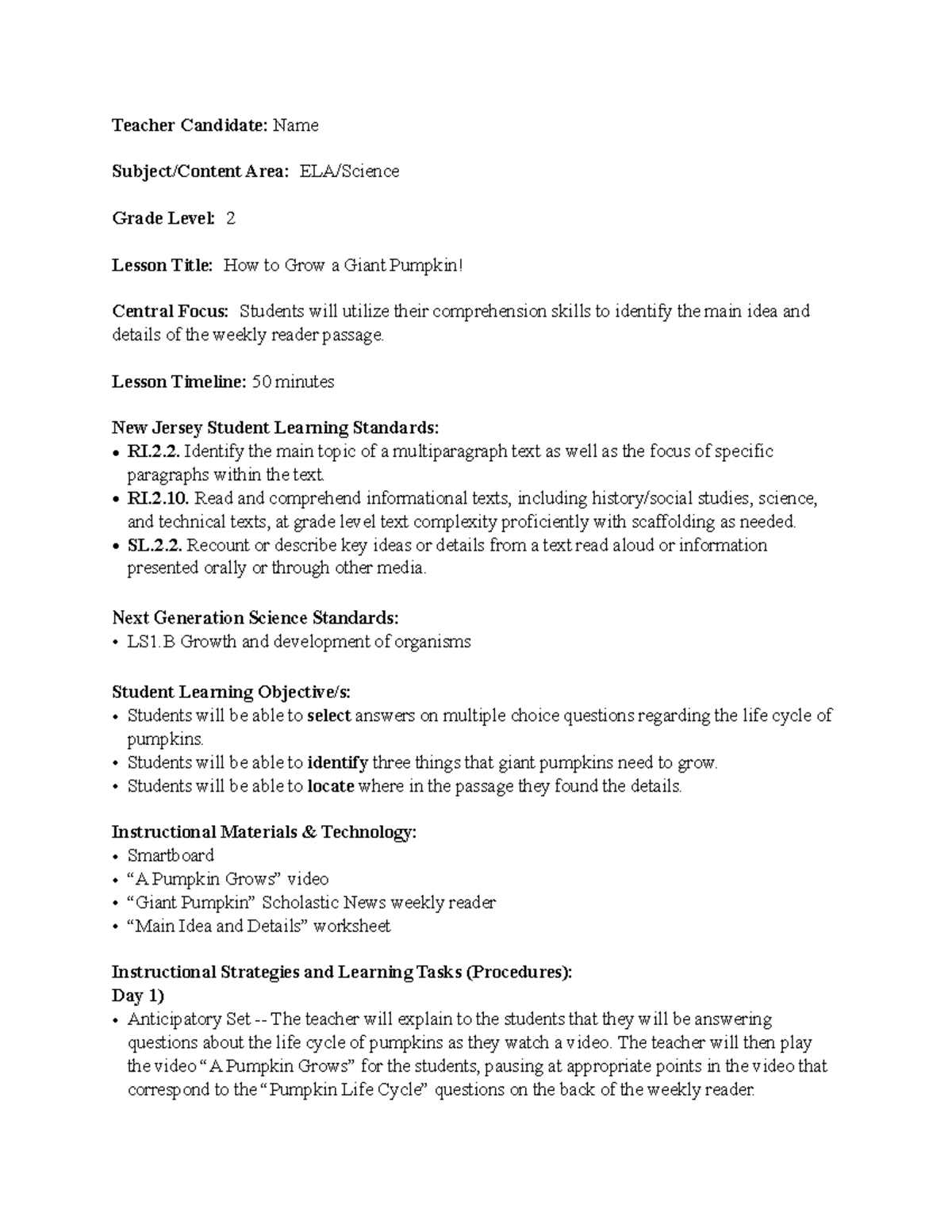 2nd Grade ELA & Science Lesson Plan Example - Teacher Candidate: Name ...