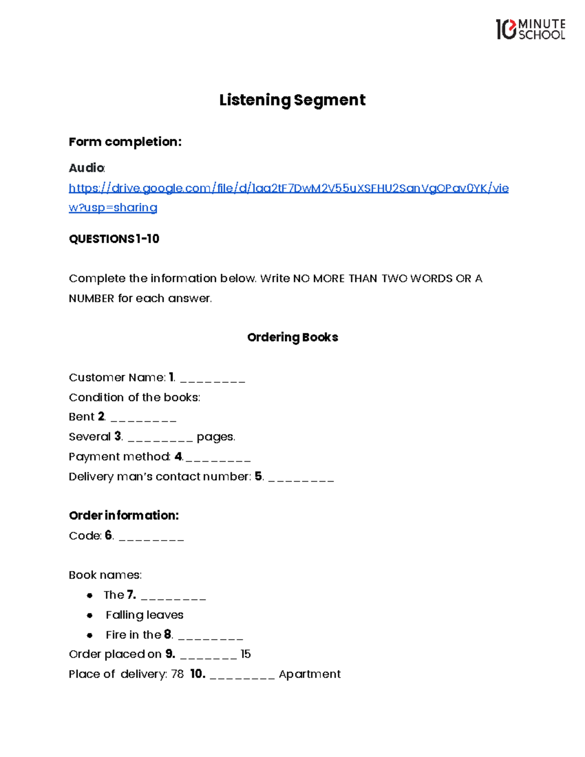 Mock 11 - Listening Segment Form completion: Audio: - Studocu