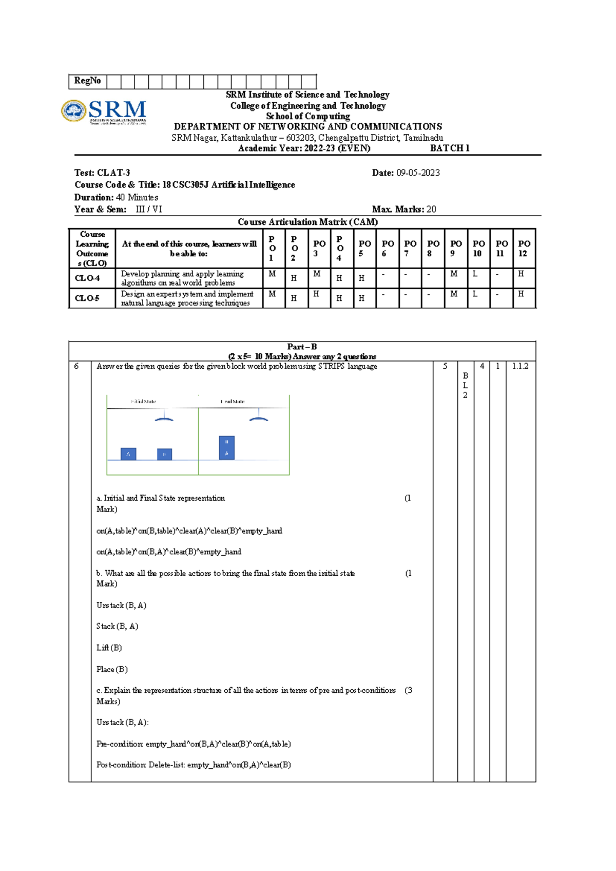 AI CT3 B1 Partb&C Answerkey - RegNo SRM Institute of Science and ...