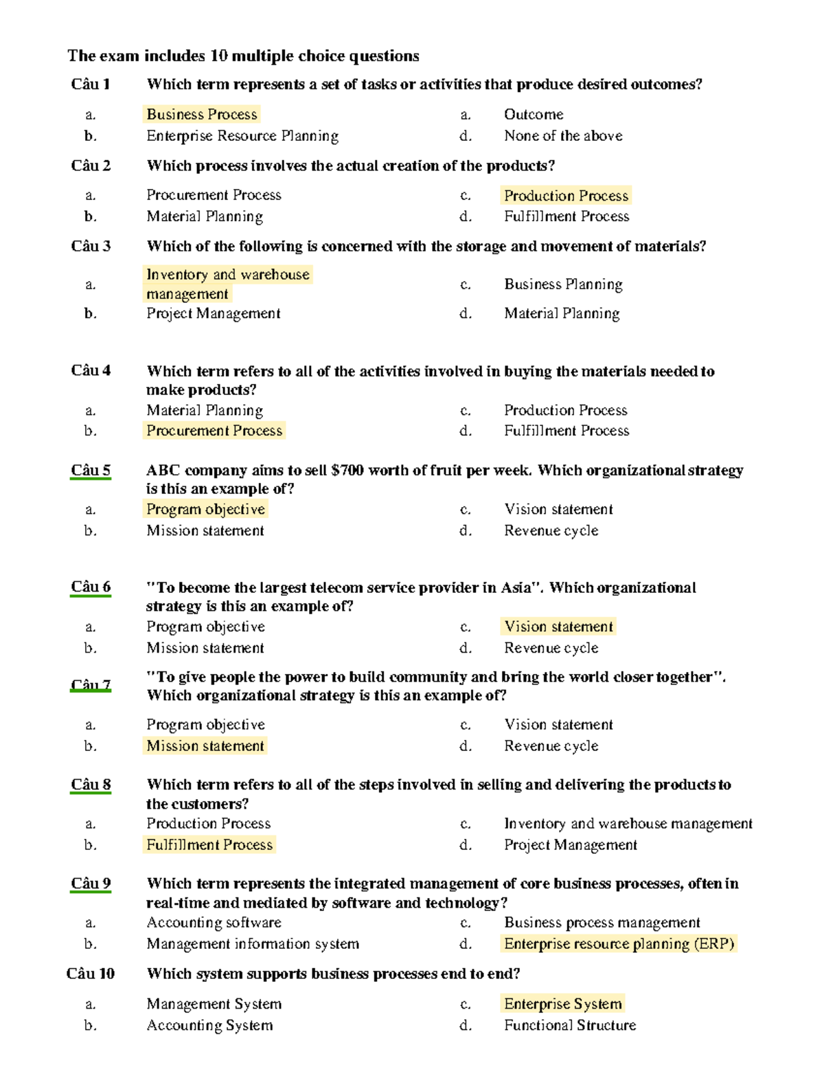 50 câu (Có đáp án) - Fulfillment Process Mission statement Procurement ...