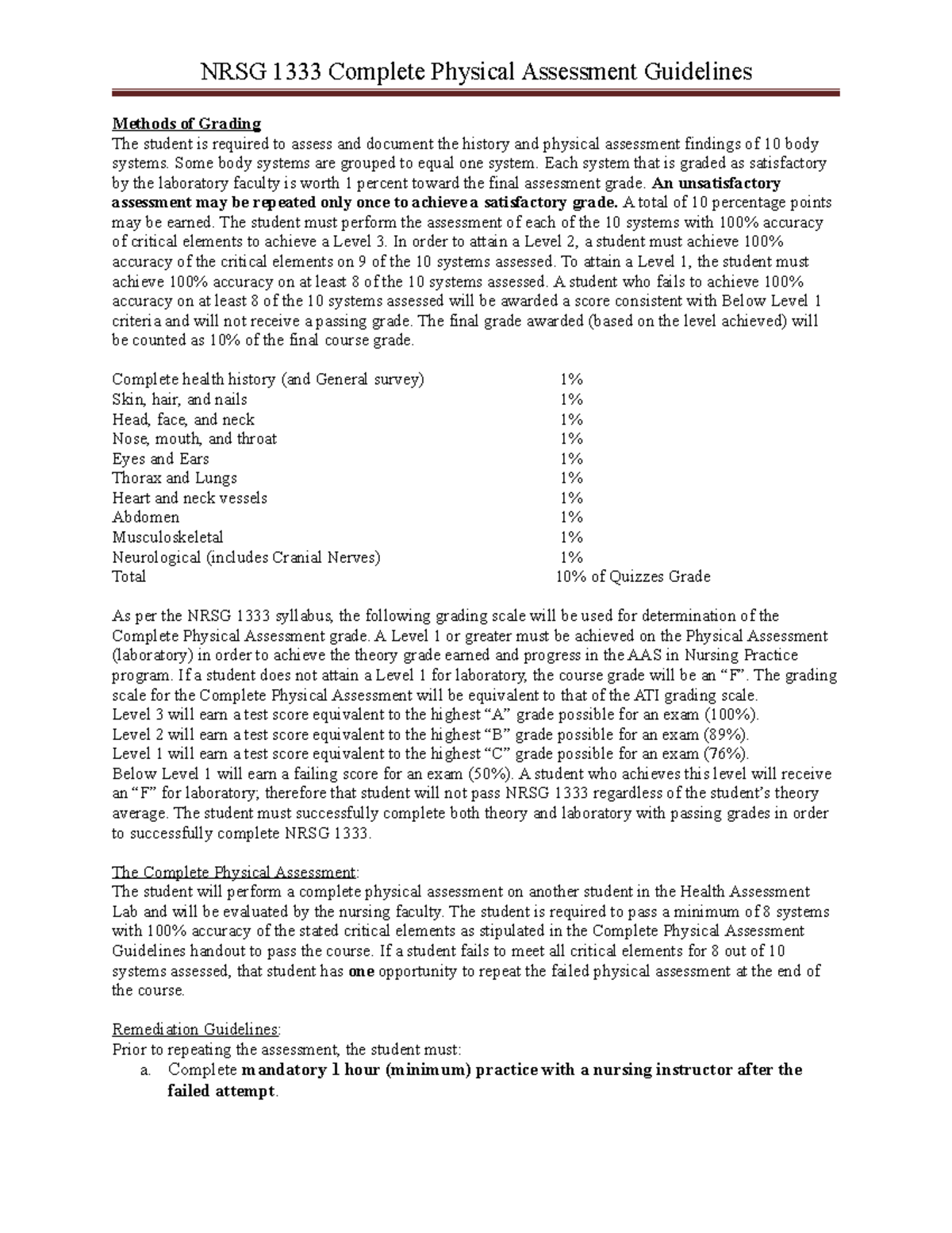 NRSG 1333 Complete Physical Assessment Guidelines - NRSG 1333 Complete ...
