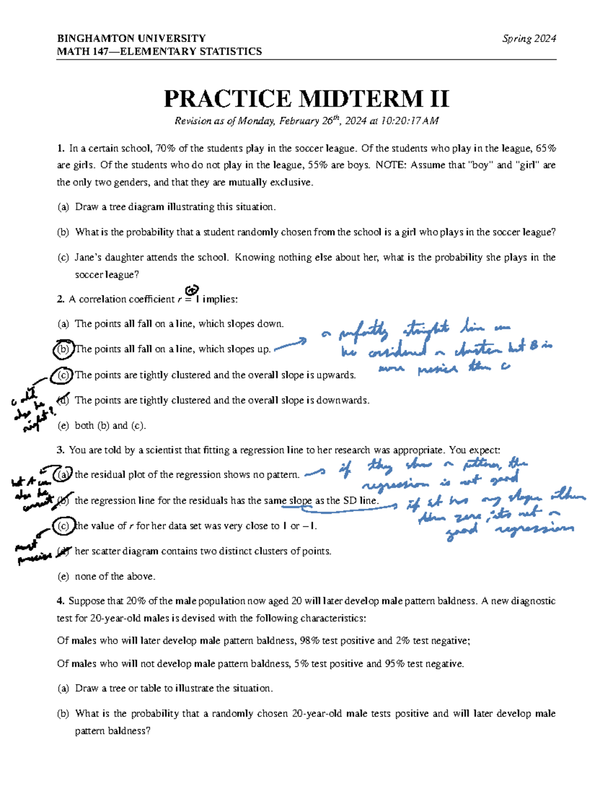 Stats Midterm 2 - BINGHAMTON UNIVERSITY MATH 147—ELEMENTARY STATISTICS Spring 2024 ...