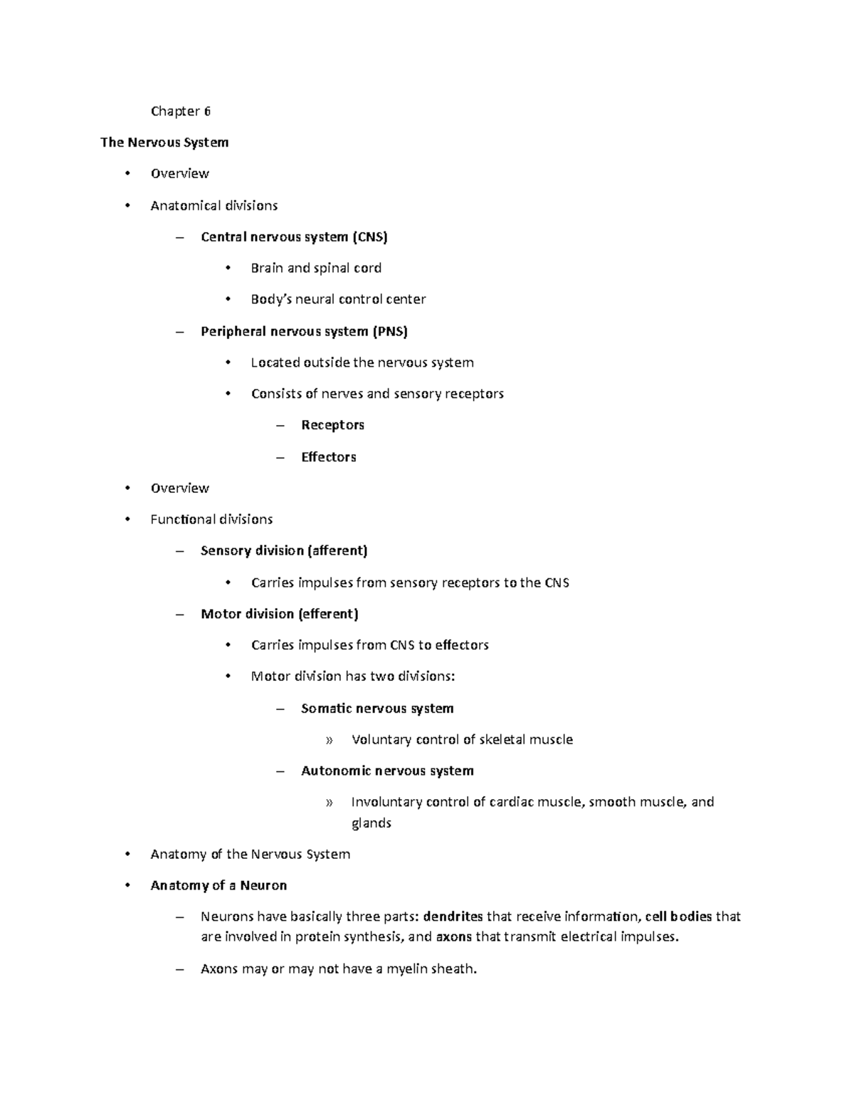Ch 6 - Nervous system - Chapter 6 The Nervous System Overview ...