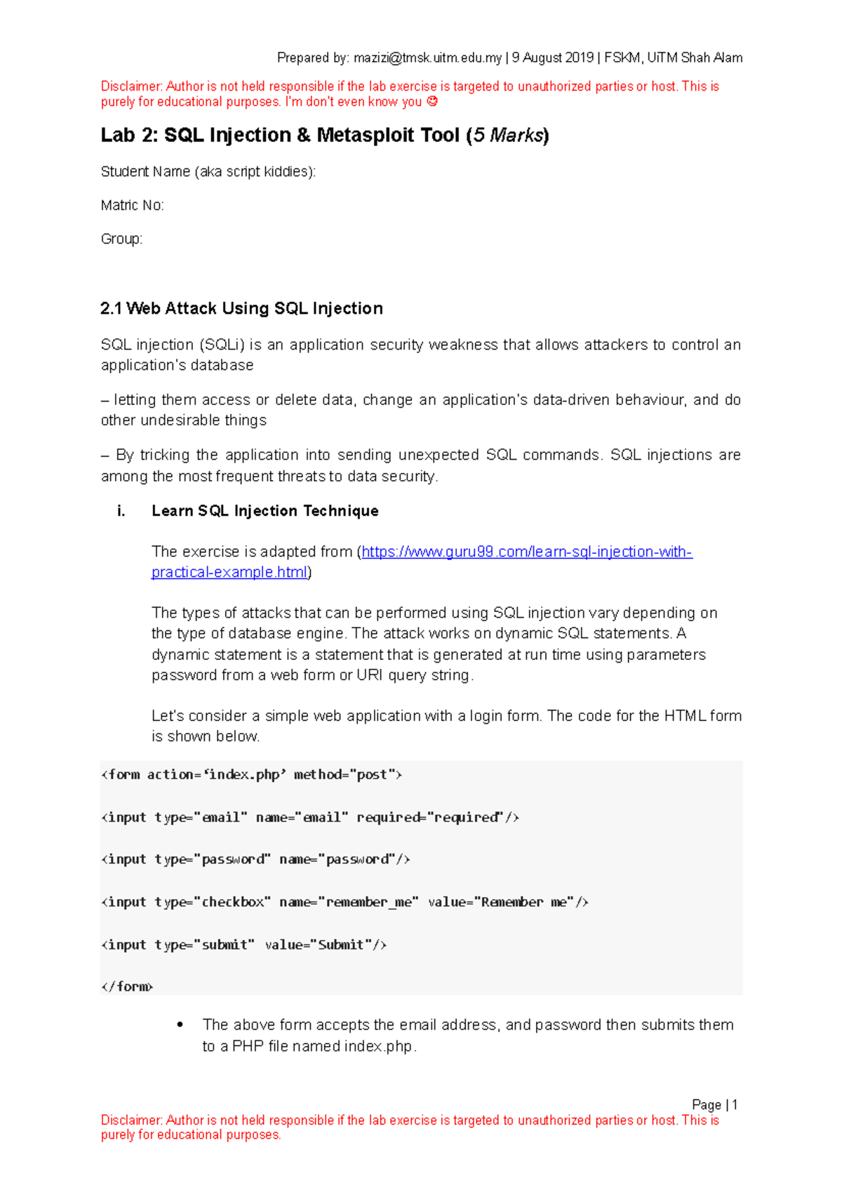 Lab 2 - SQL Injection & Metasploit - Disclaimer: Author is not held ...