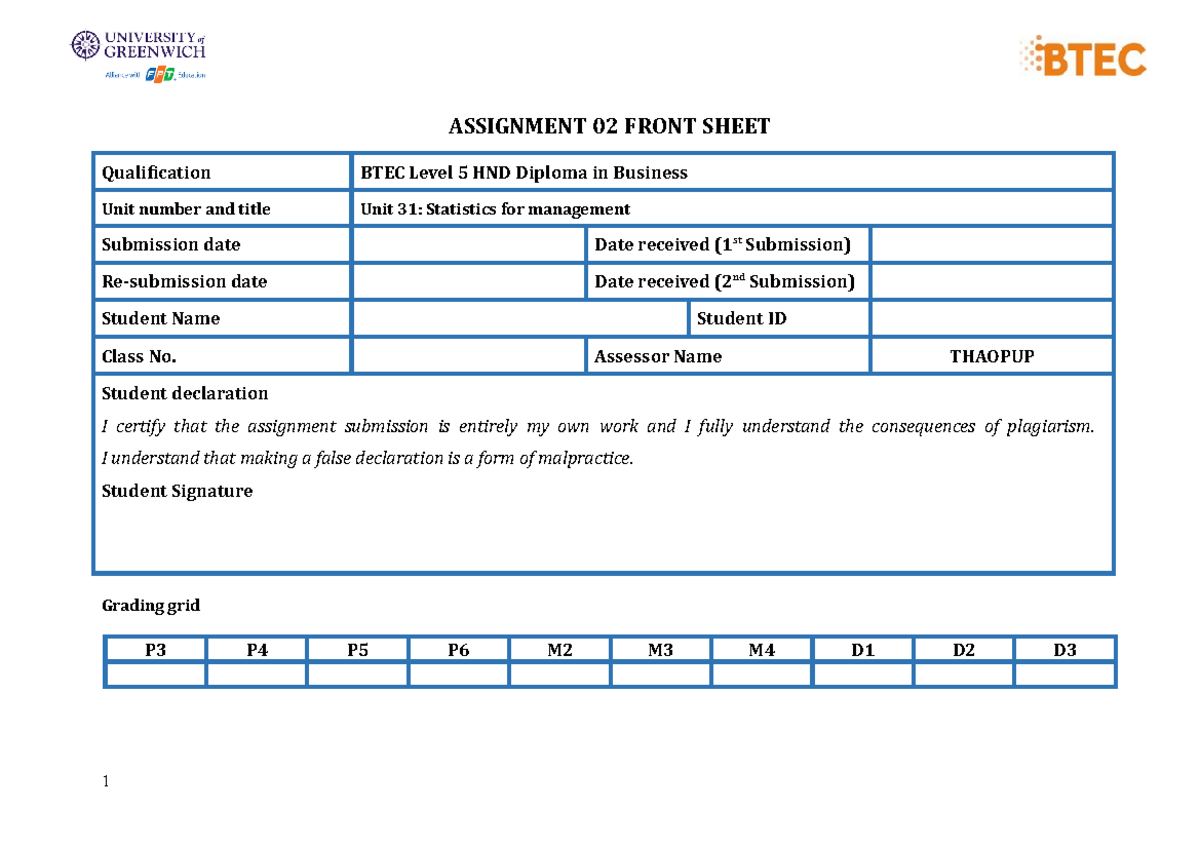 Final 570 - BTEC Level 5 HND Diploma in Business - ASSIGNMENT 02 FRONT SHEET Qualification BTEC ...