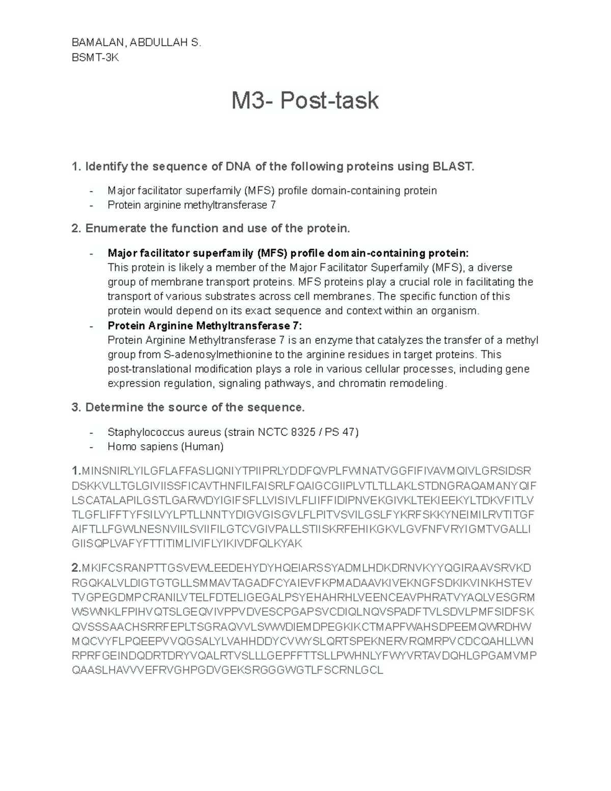 M3- Post-task ( Molbio) - BAMALAN, ABDULLAH S. BSMT-3K M3- Post-task 1. Identify the sequence of ...
