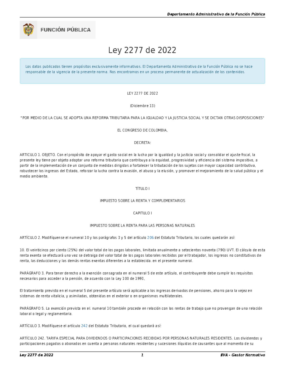 LEY 2277 DE 2022 Reforma Tributaria - Ley 2277 de 2022 Los datos ...