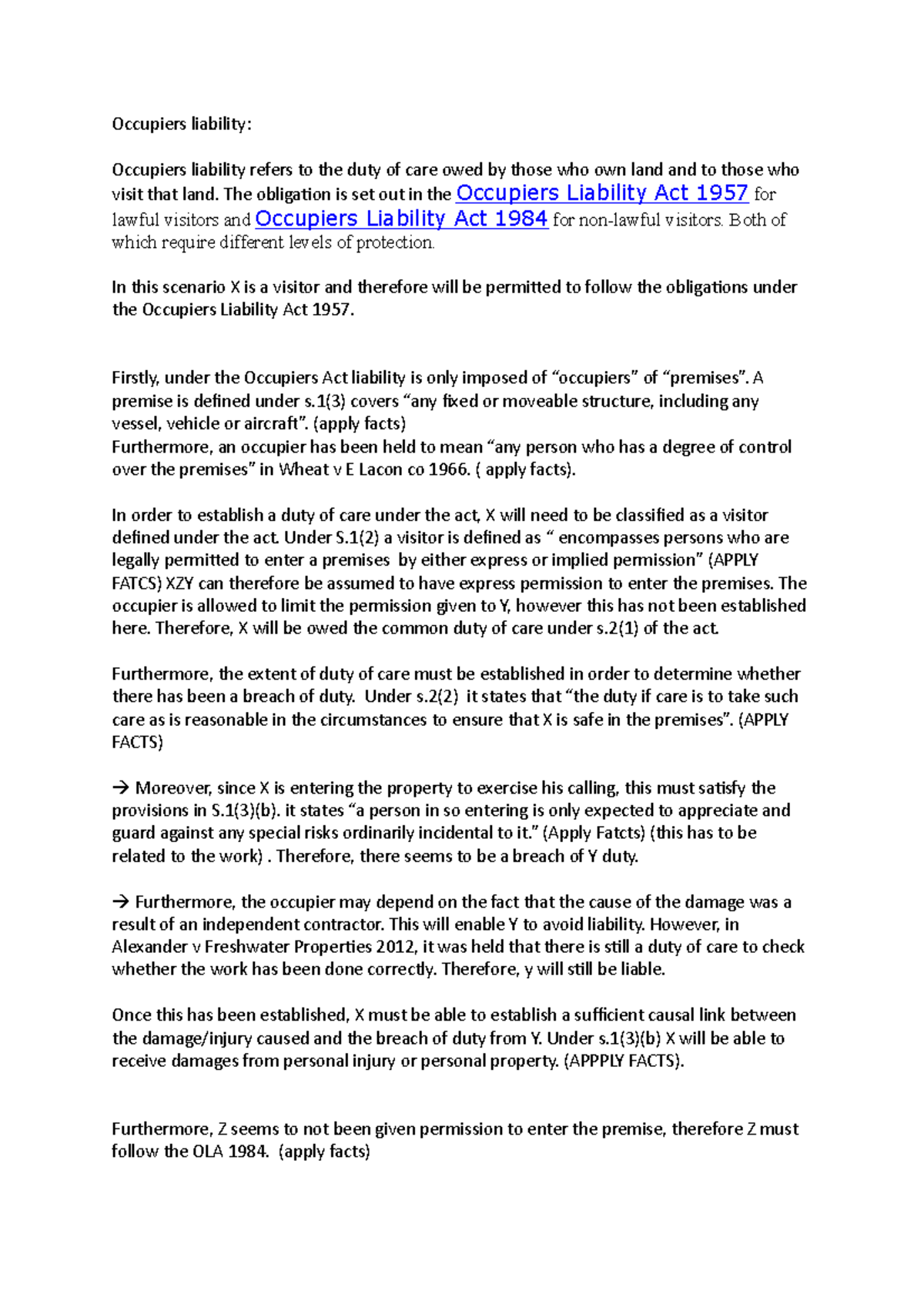 Occupiers liability - NOTES ON OL - Occupiers liability: Occupiers ...