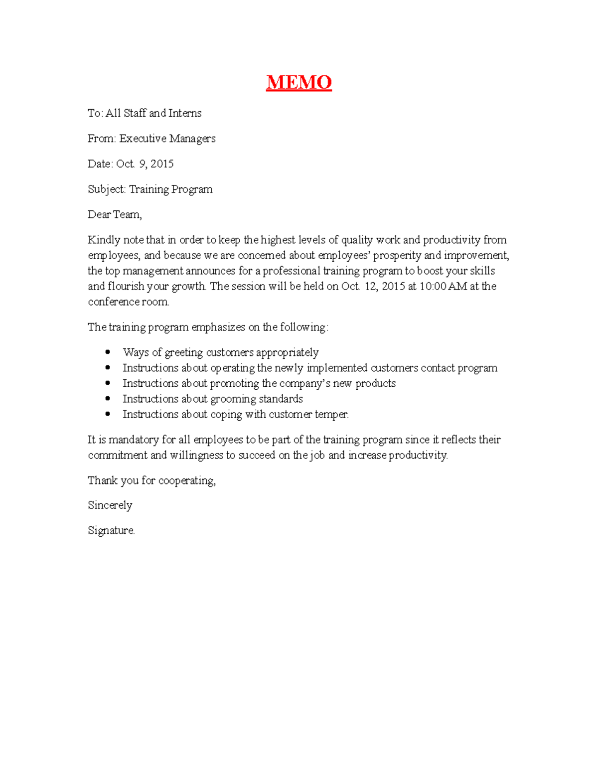 Ch6 MEMO sample - MEMO To: All Staff and Interns From: Executive ...
