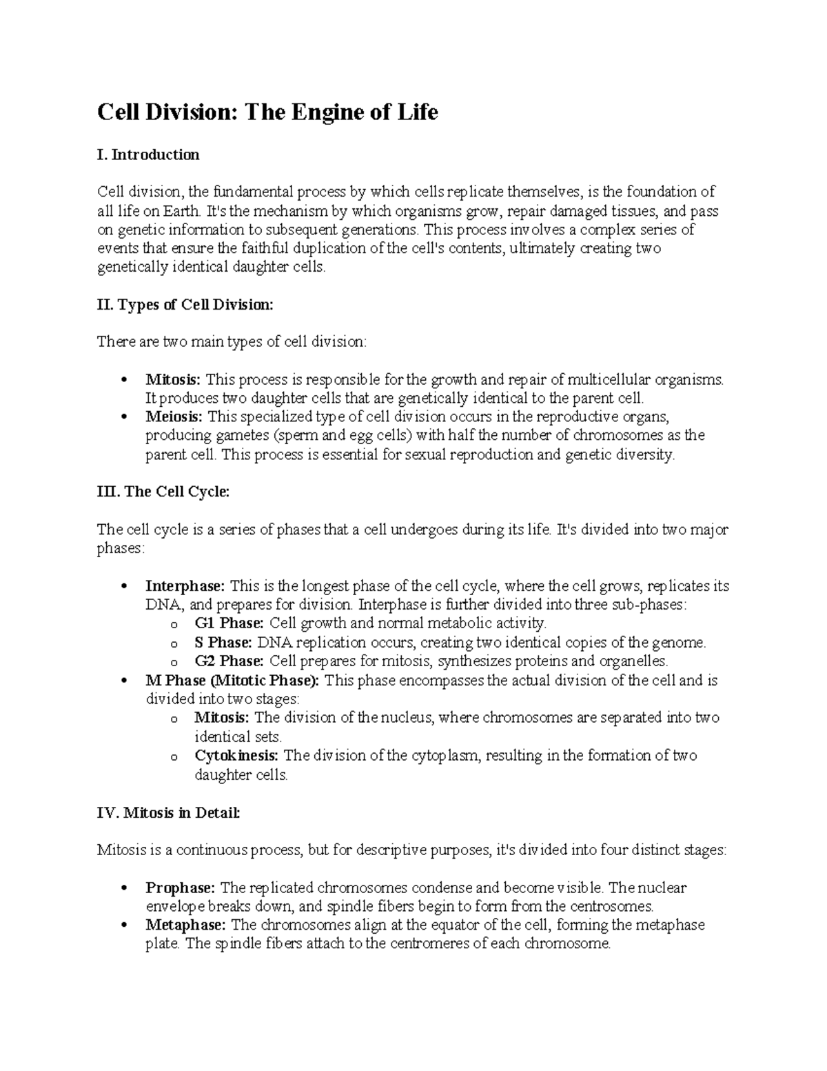 Cell Division note - Cell Division: The Engine of Life I. Introduction ...