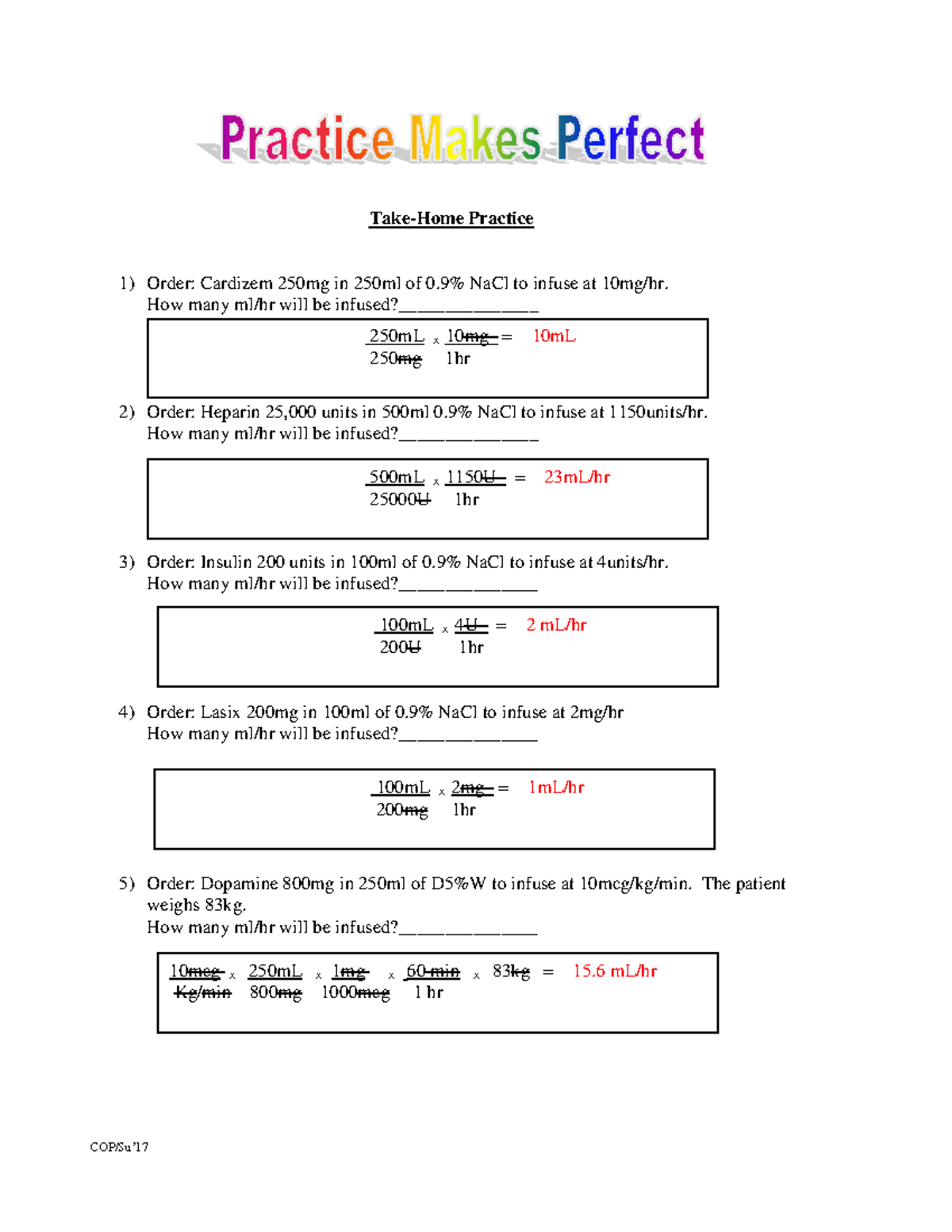 4267LDosage Calc Practice Problems Answers SU19 - Take-Home Practice ...