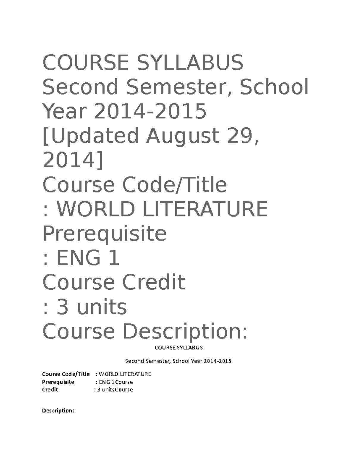 Wrld lit - Course Guide - COURSE SYLLABUS Second Semester, School Year ...