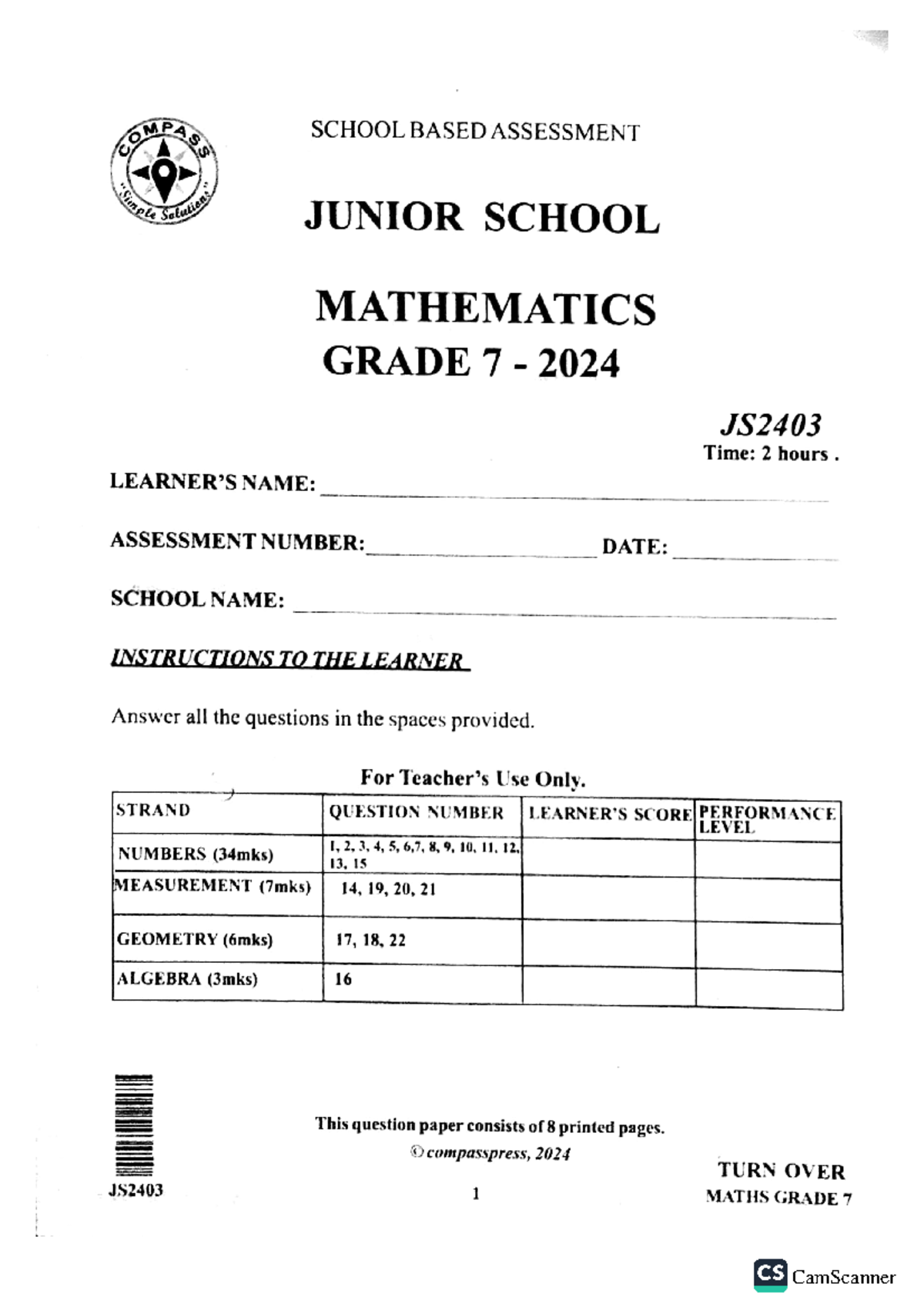 Grade 7 Maths Compass 003 Exam - COMPASS SCHOOL BASED ASSESSMENT ...