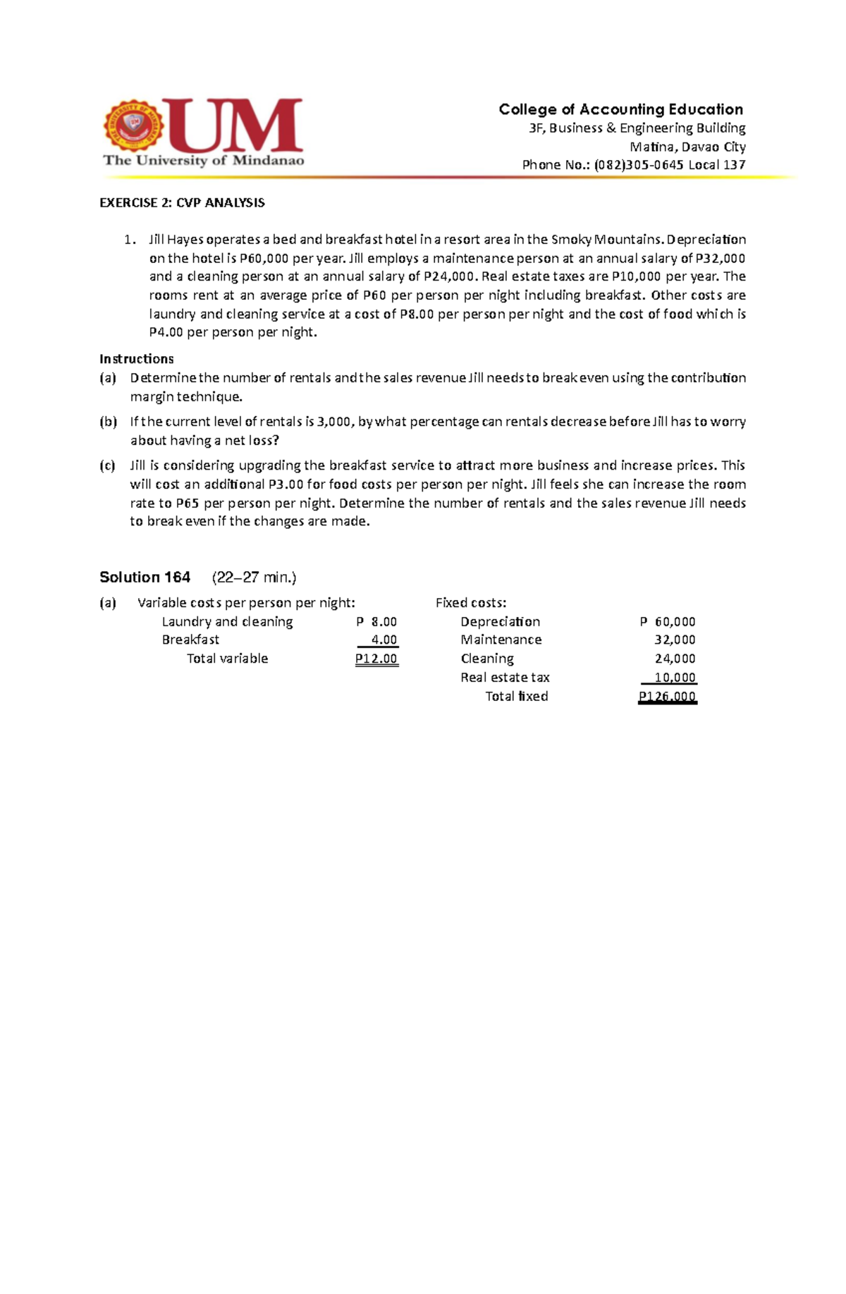 Exercise 2 - CVP Analysis - College of Accounting Education 3F ...
