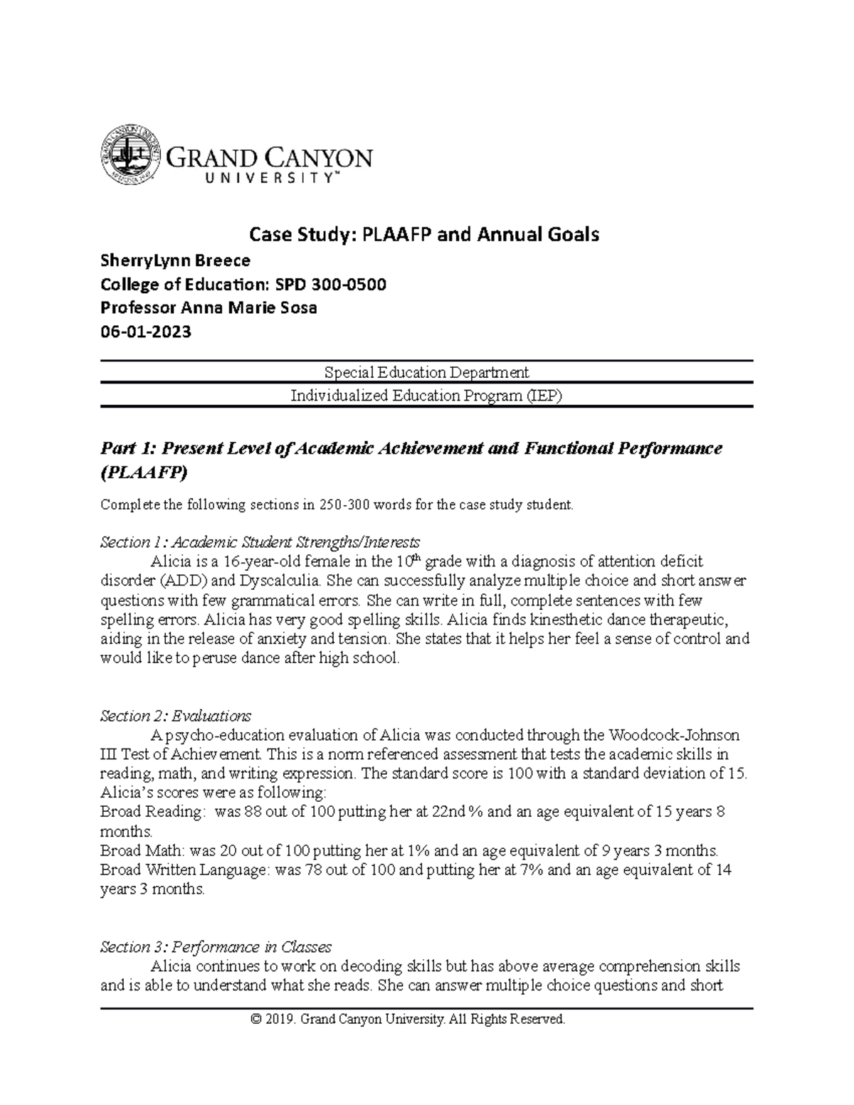 SPD-300-T7-RS-Case Study- Plaafp and Annual Goals for Sherry Lynn Breece - Case Study: PLAAFP ...