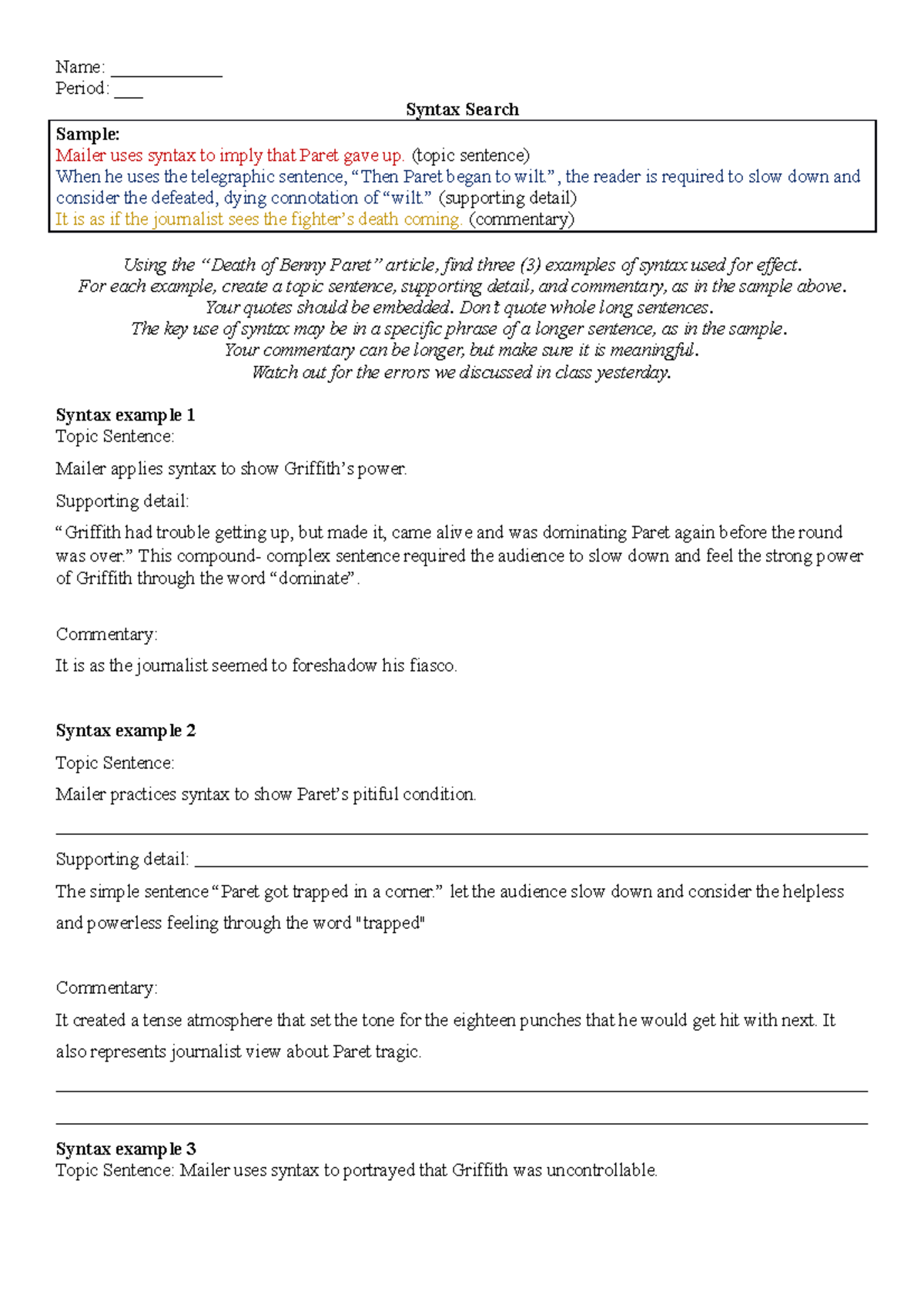 G 10 Paret Syntax Hunt - Name: ____________ Period: ___ Syntax Search Sample: Mailer uses syntax ...