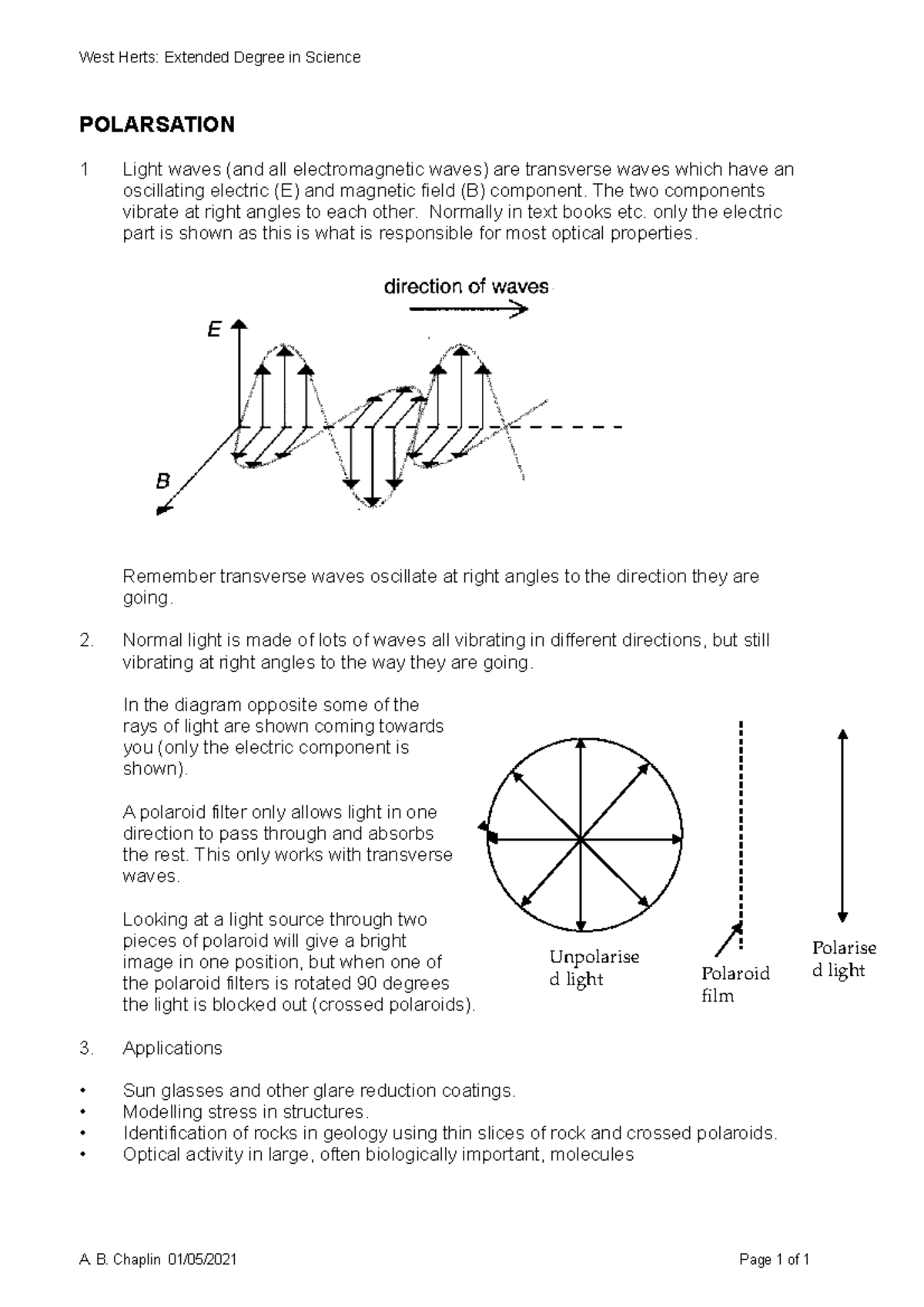 Polarisation - POLARSATION Lecture notes - West Herts: Extended Degree ...