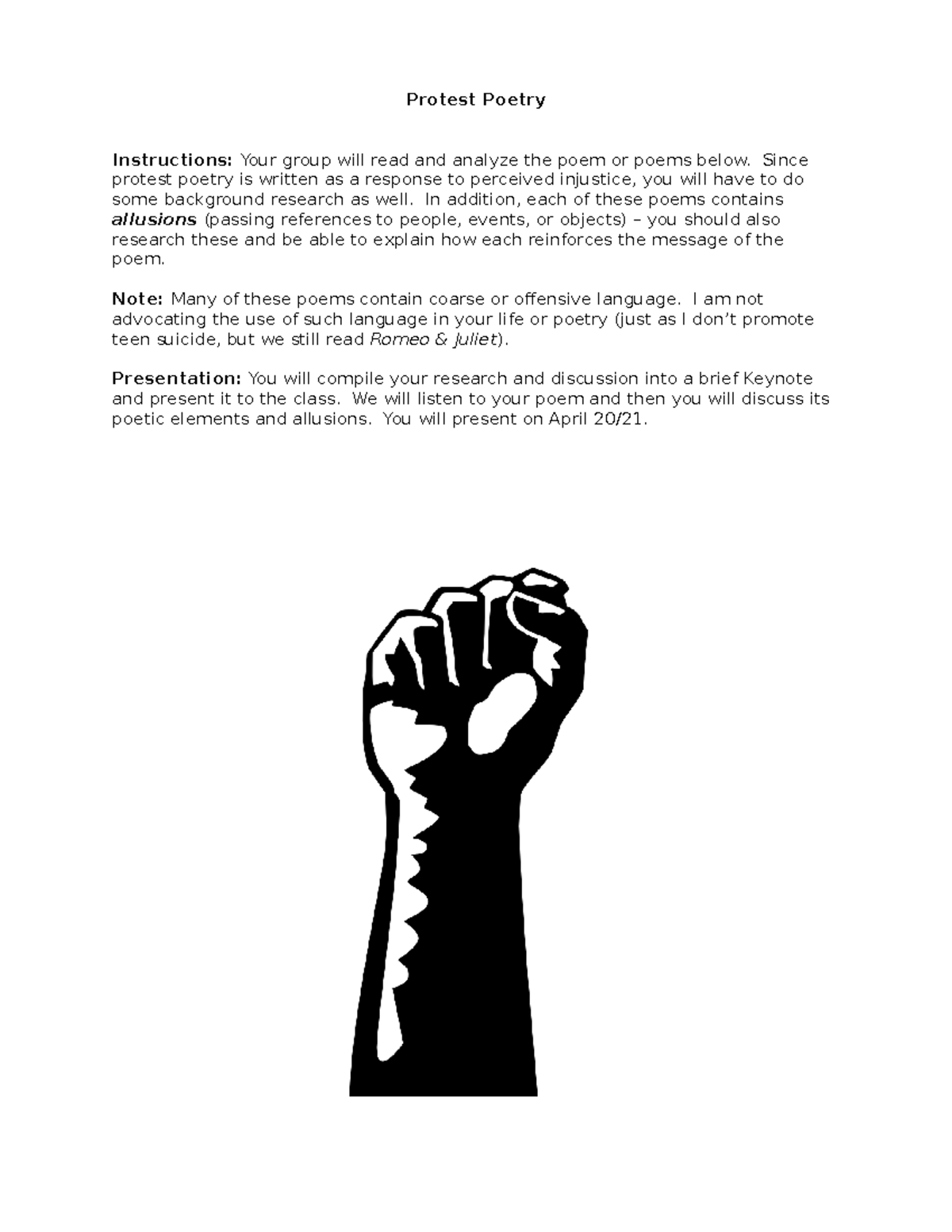 Protest Poetry Worksheets - Protest Poetry Instructions: Your group ...