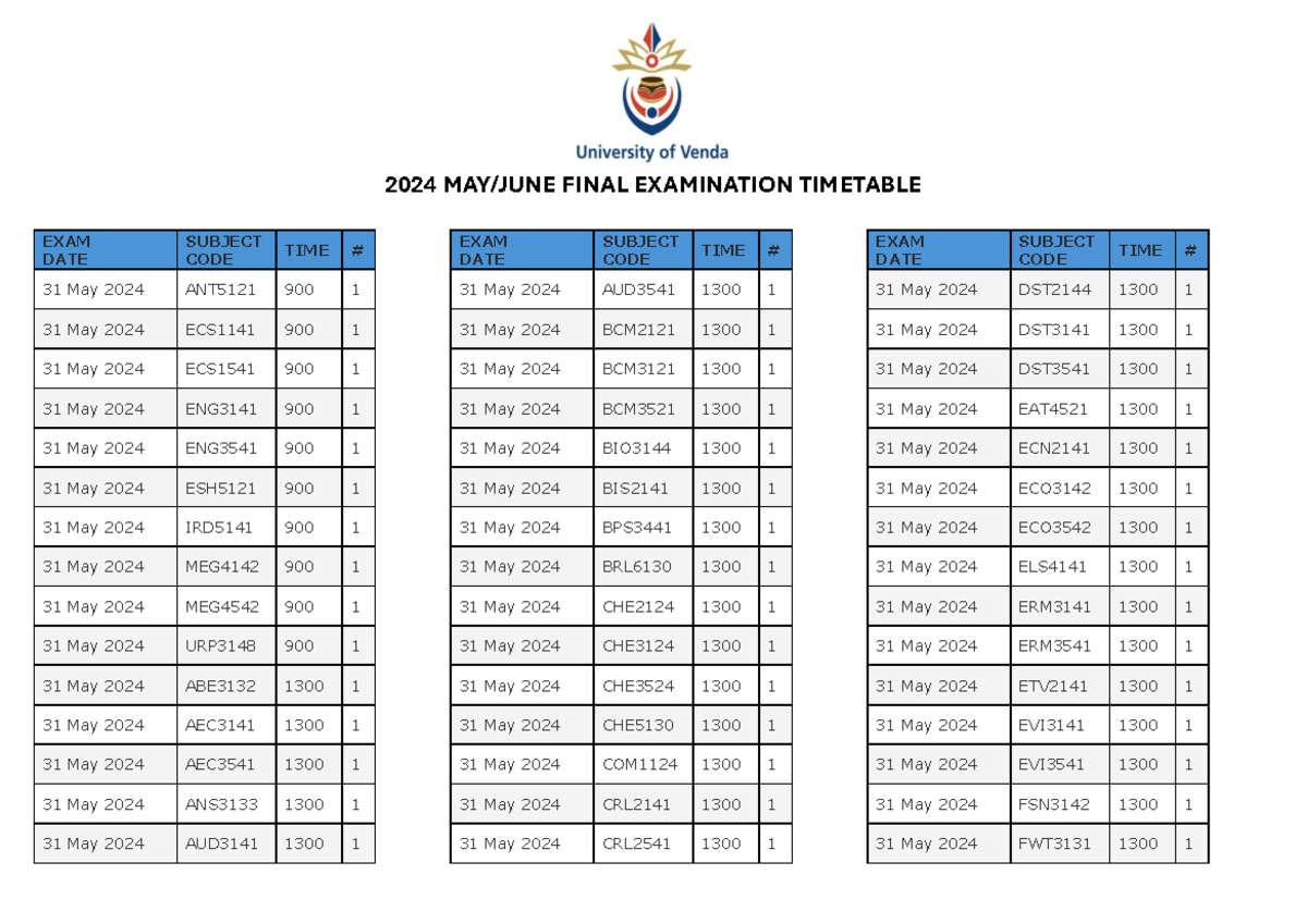 Final 2024 May June Examination Timetable - EXAM DATE SUBJECT CODE TIME ...