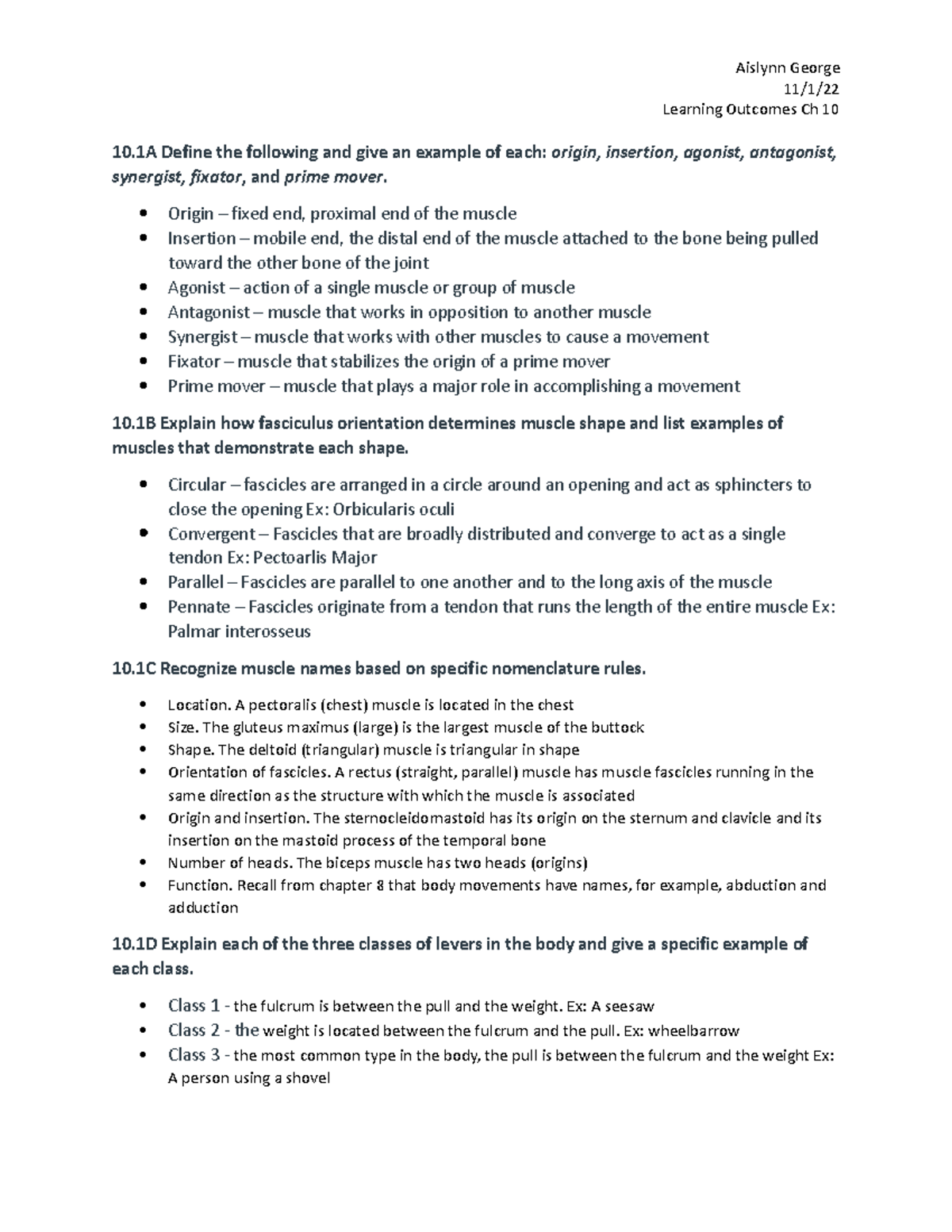 Learning Outcomes Ch 10 - 11/1/ Learning Outcomes Ch 10 10 Define the ...