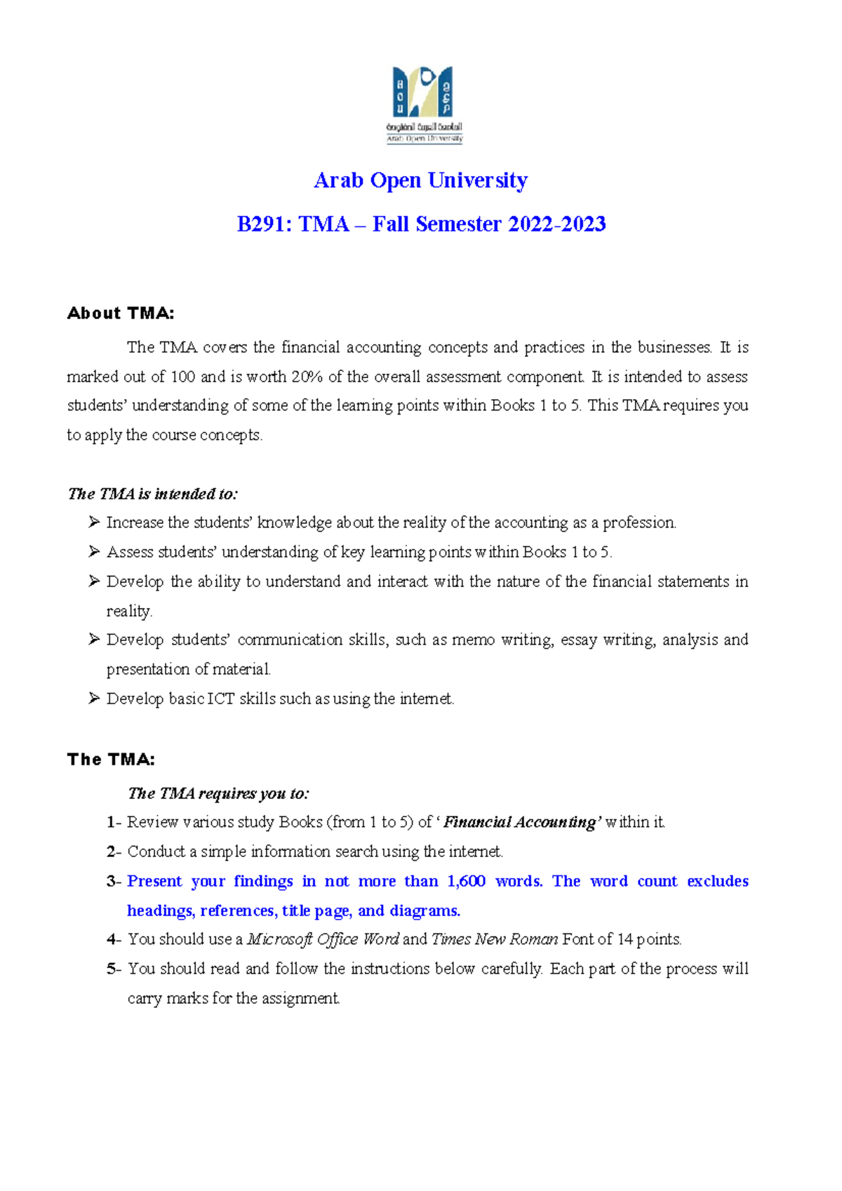 B291 TMA - Fall - 2022-2023 - Arab Open University B291: TMA – Fall ...