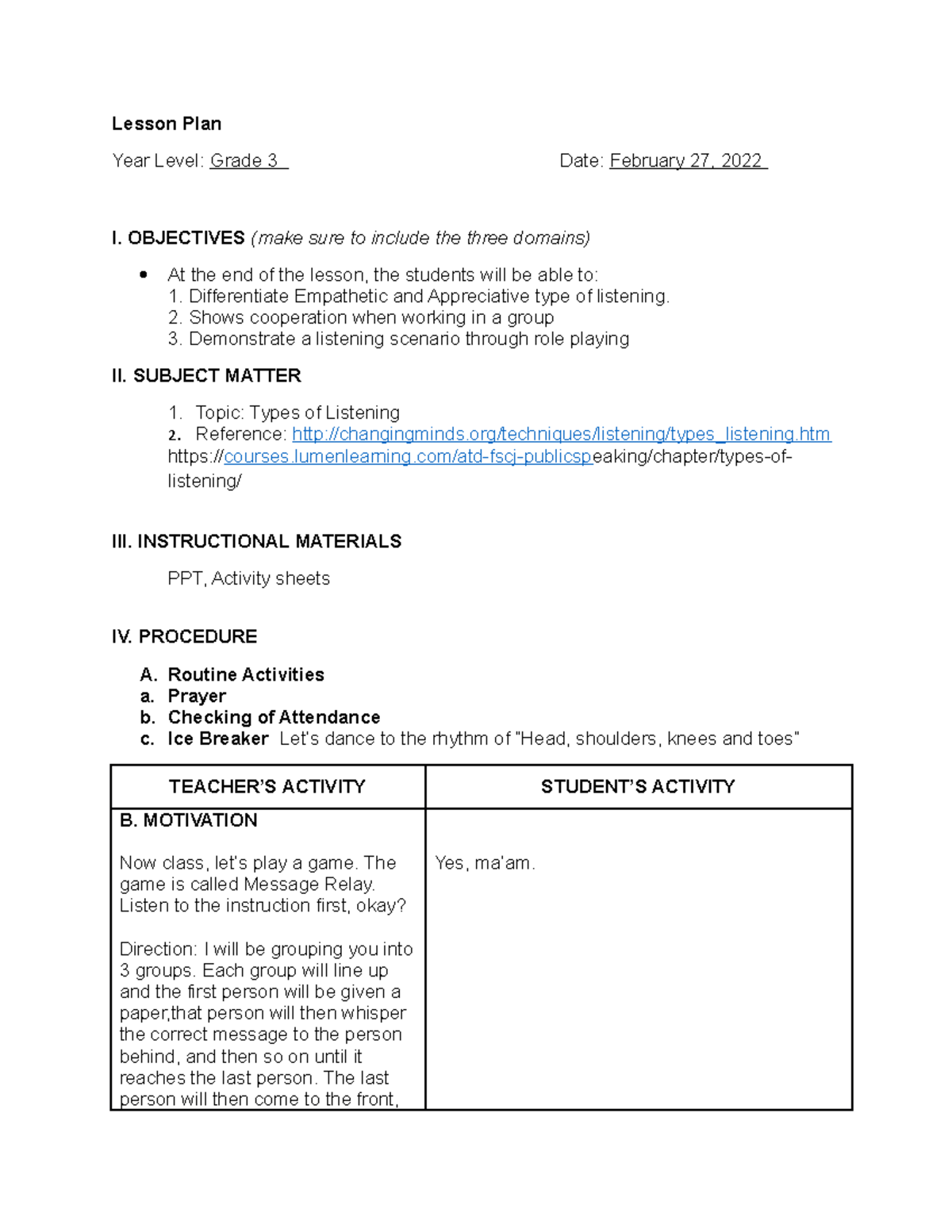 Detailed LP English Listening Topic - Lesson Plan Year Level: Grade 3 ...