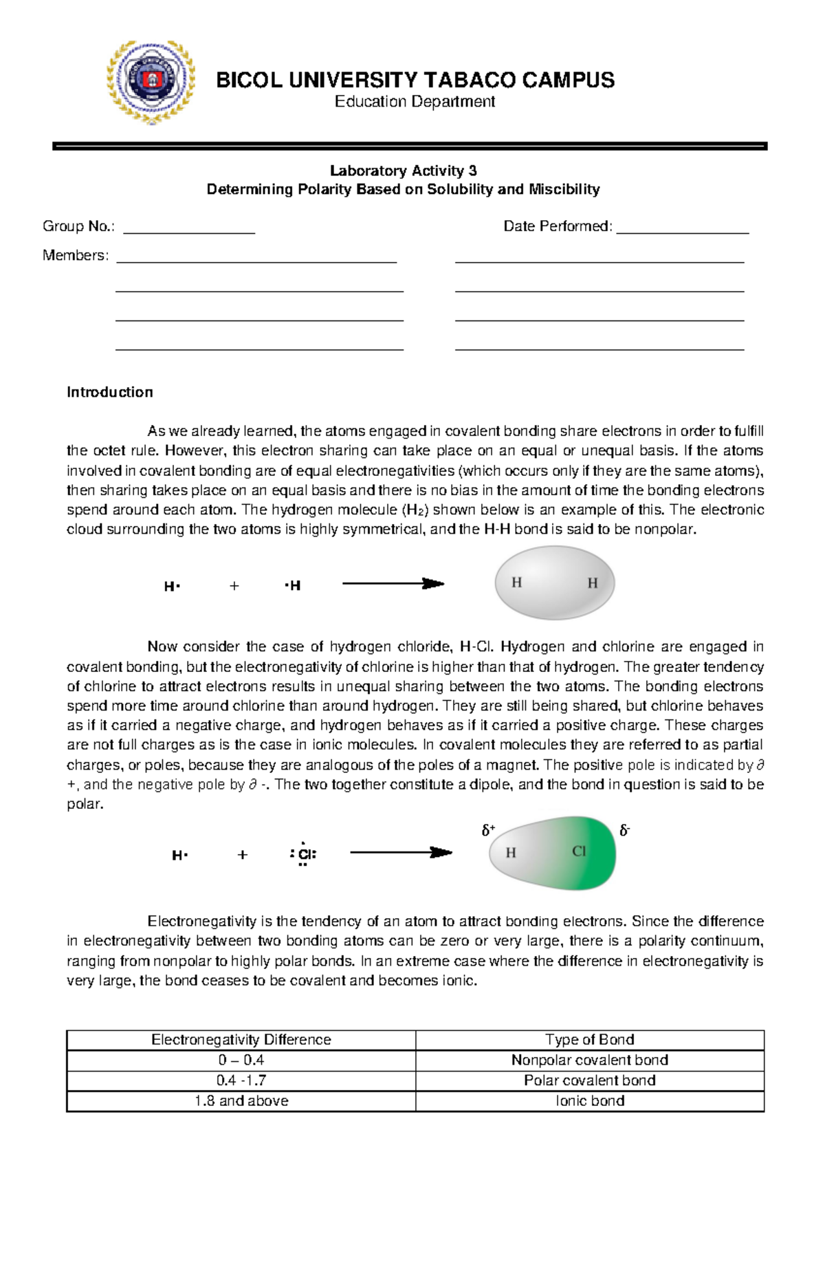 Laboratory Activity 3 Solvent Polarity and Miscibility - BICOL ...