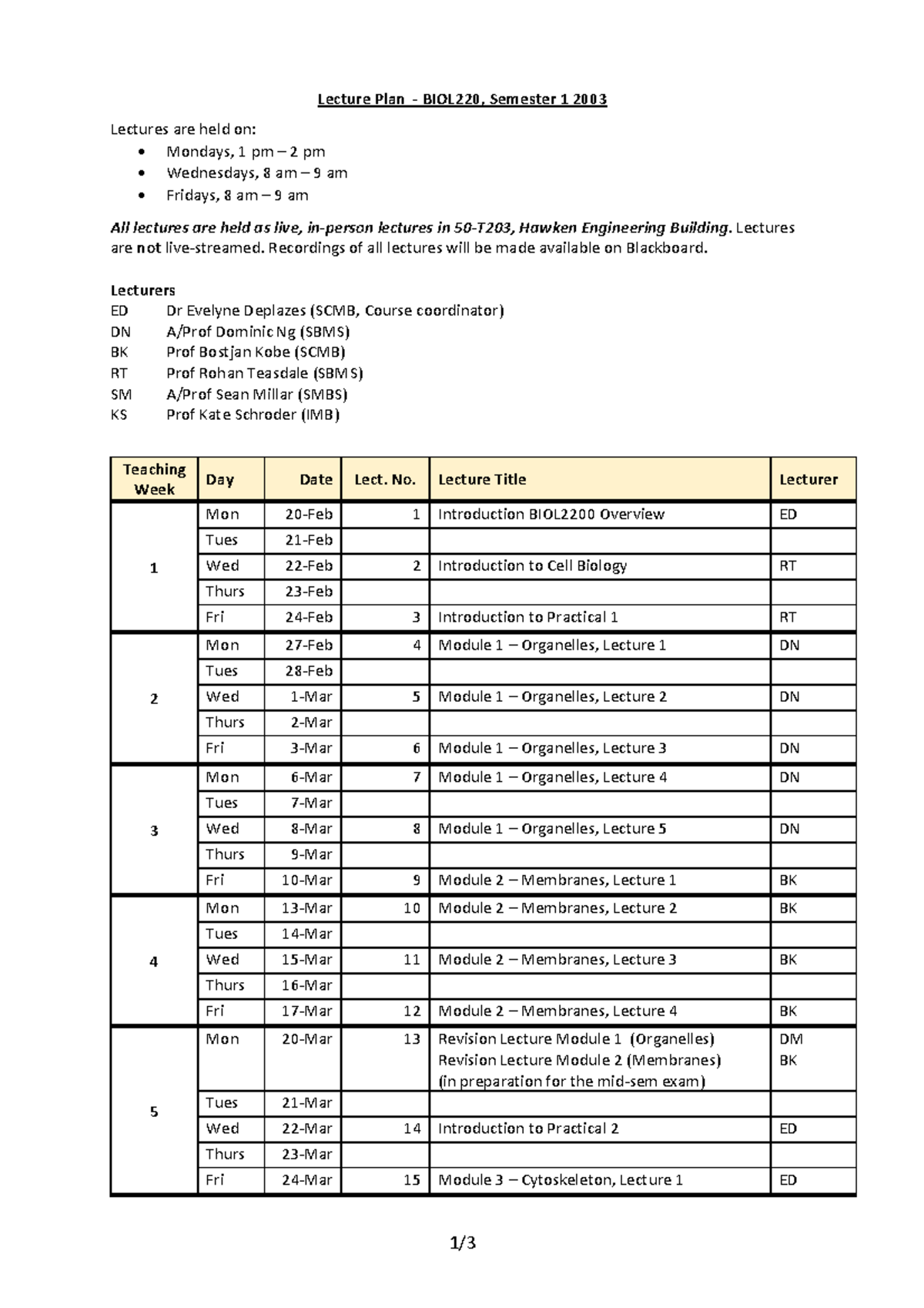 BIOL2200 Sem1 2023 Lecture Plan v3 - 1/ Lecture Plan - BIOL220 ...