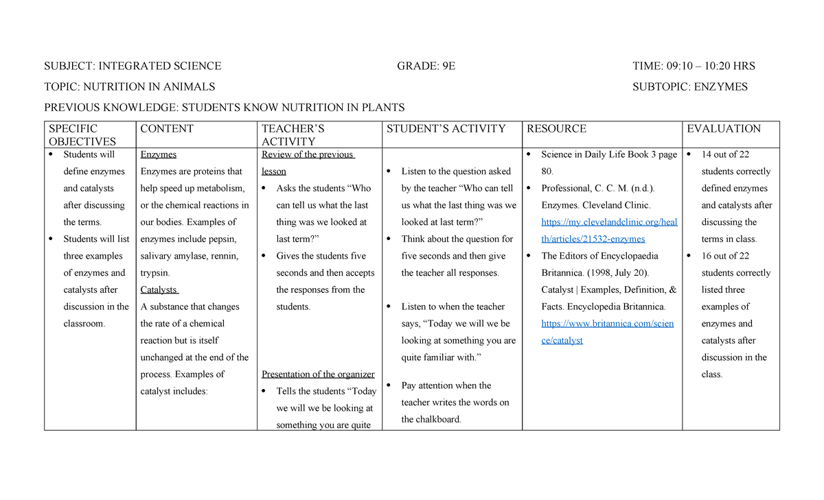 Week 1 Monday 2024-01-08 - SUBJECT: INTEGRATED SCIENCE GRADE: 9E TIME ...