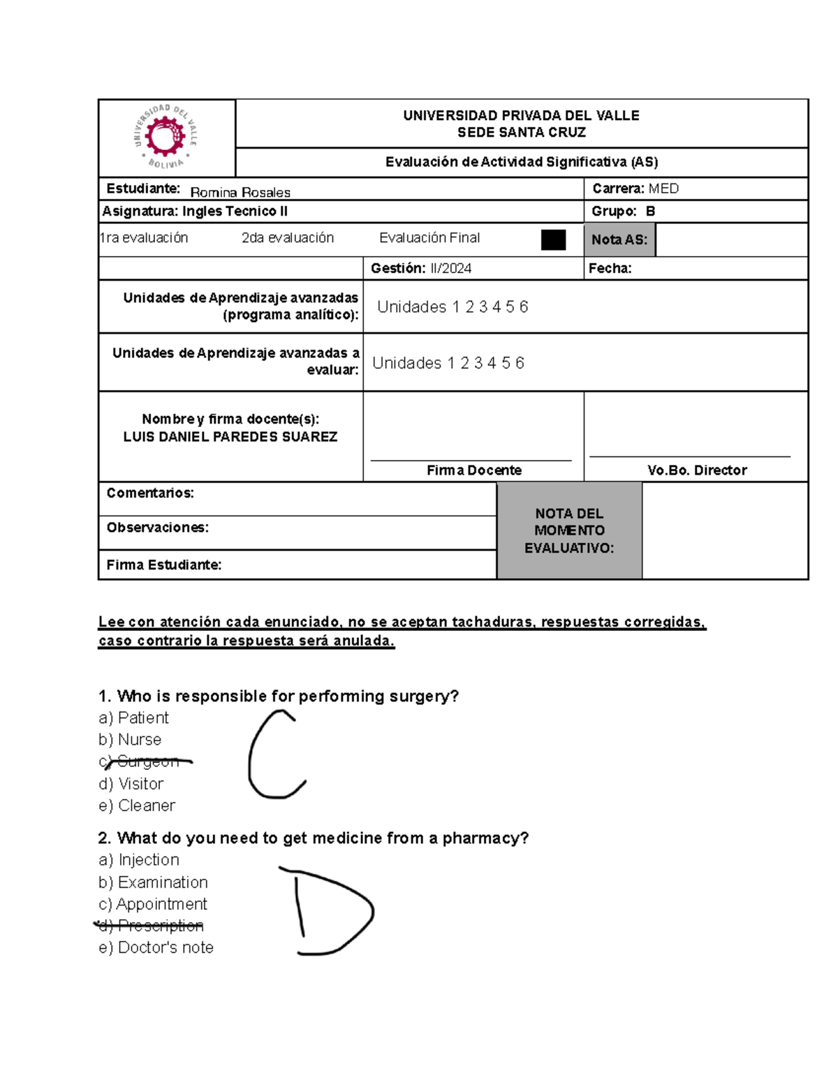 Final TEST Ingles Tecnico - UNIVERSIDAD PRIVADA DEL VALLE SEDE SANTA ...