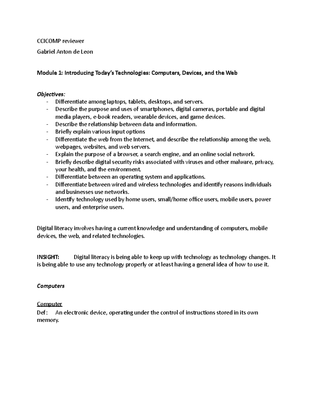 C Cicomp reviewer - CCICOMP reviewer Gabriel Anton de Leon Module 1: Introducing Today’s - Studocu