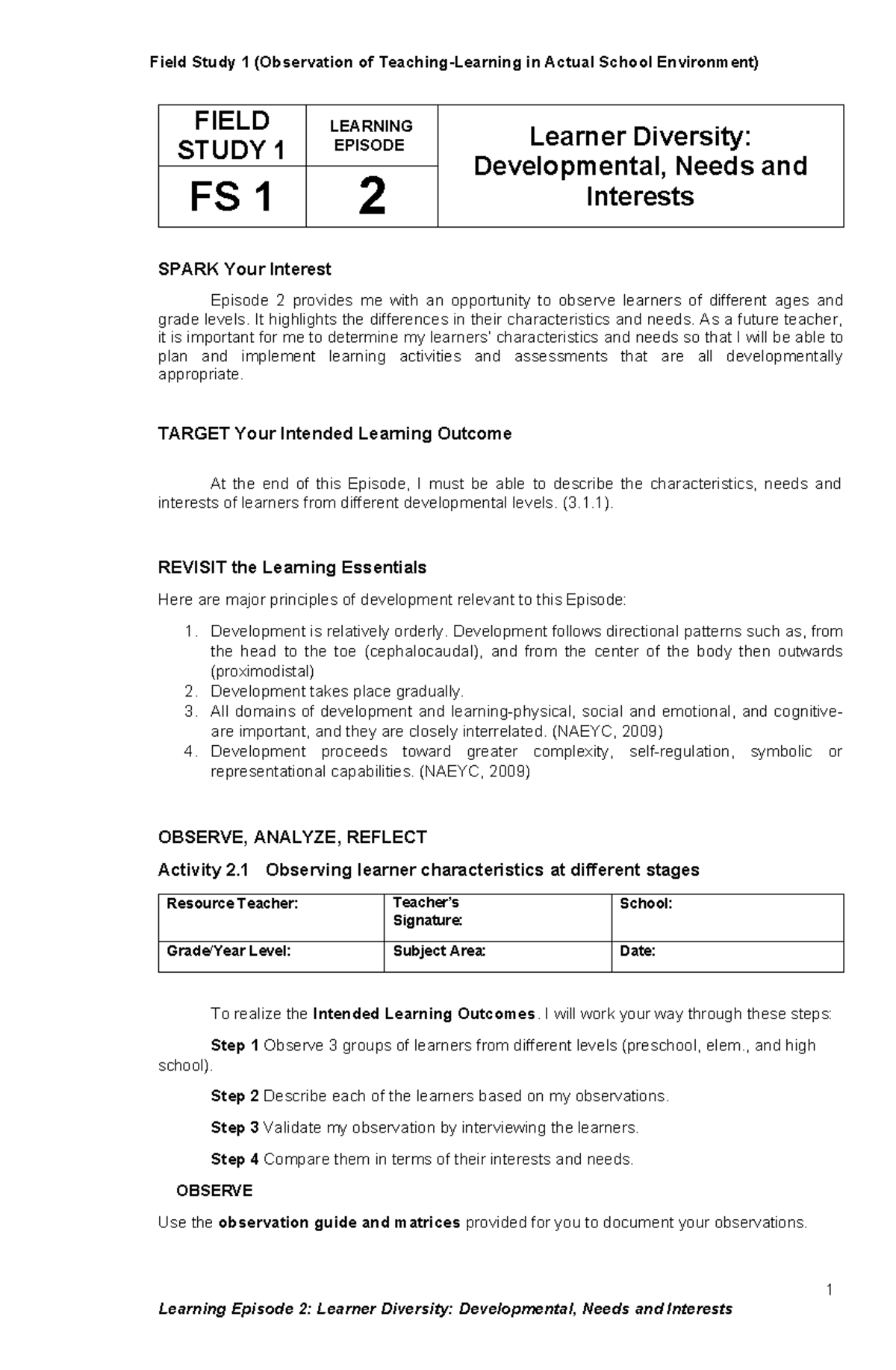 EP2 FS1 -Learner-Diversity -Developmental-Needs-and-Interests - 1 FIELD ...