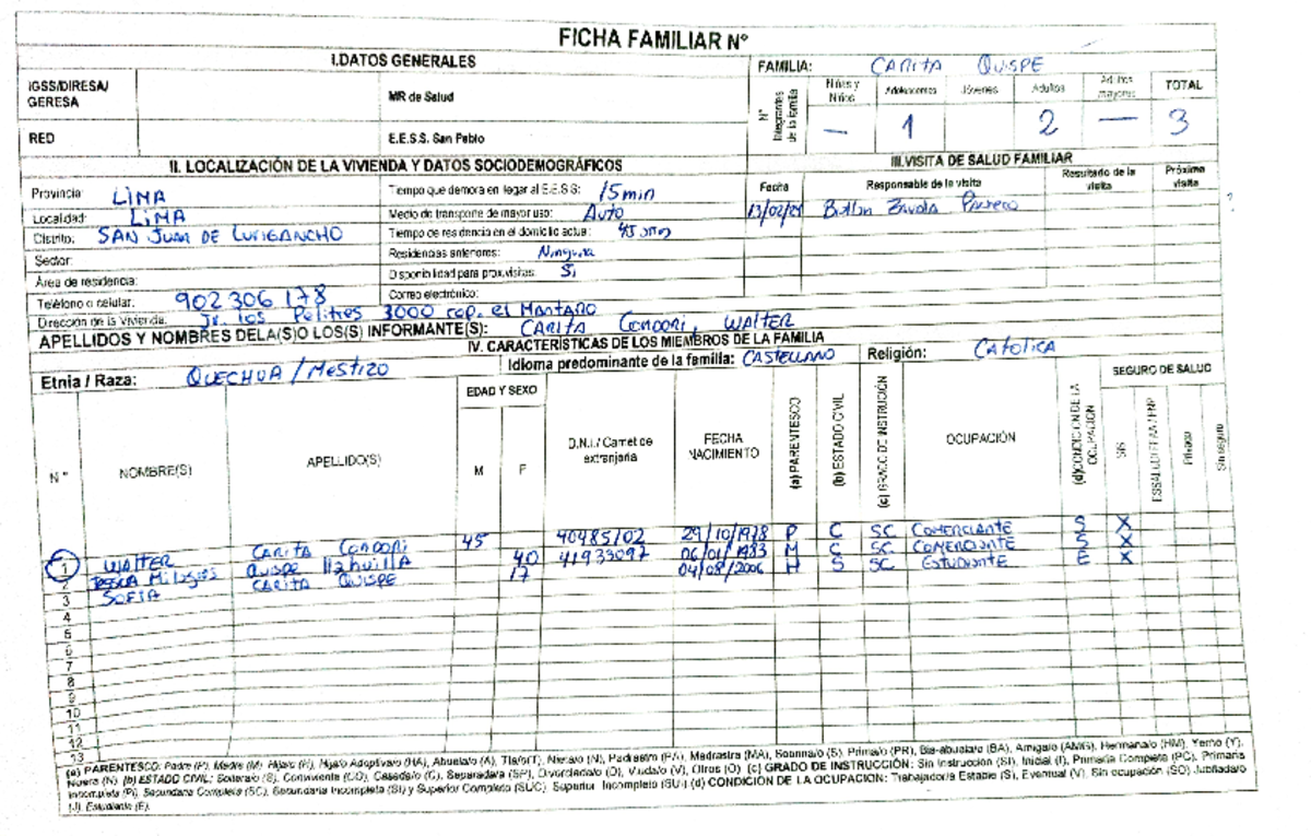 Ficha Familiar - FICHA FAMILIAR I GENERALES FAMILIA: CARITA QUISPE ...
