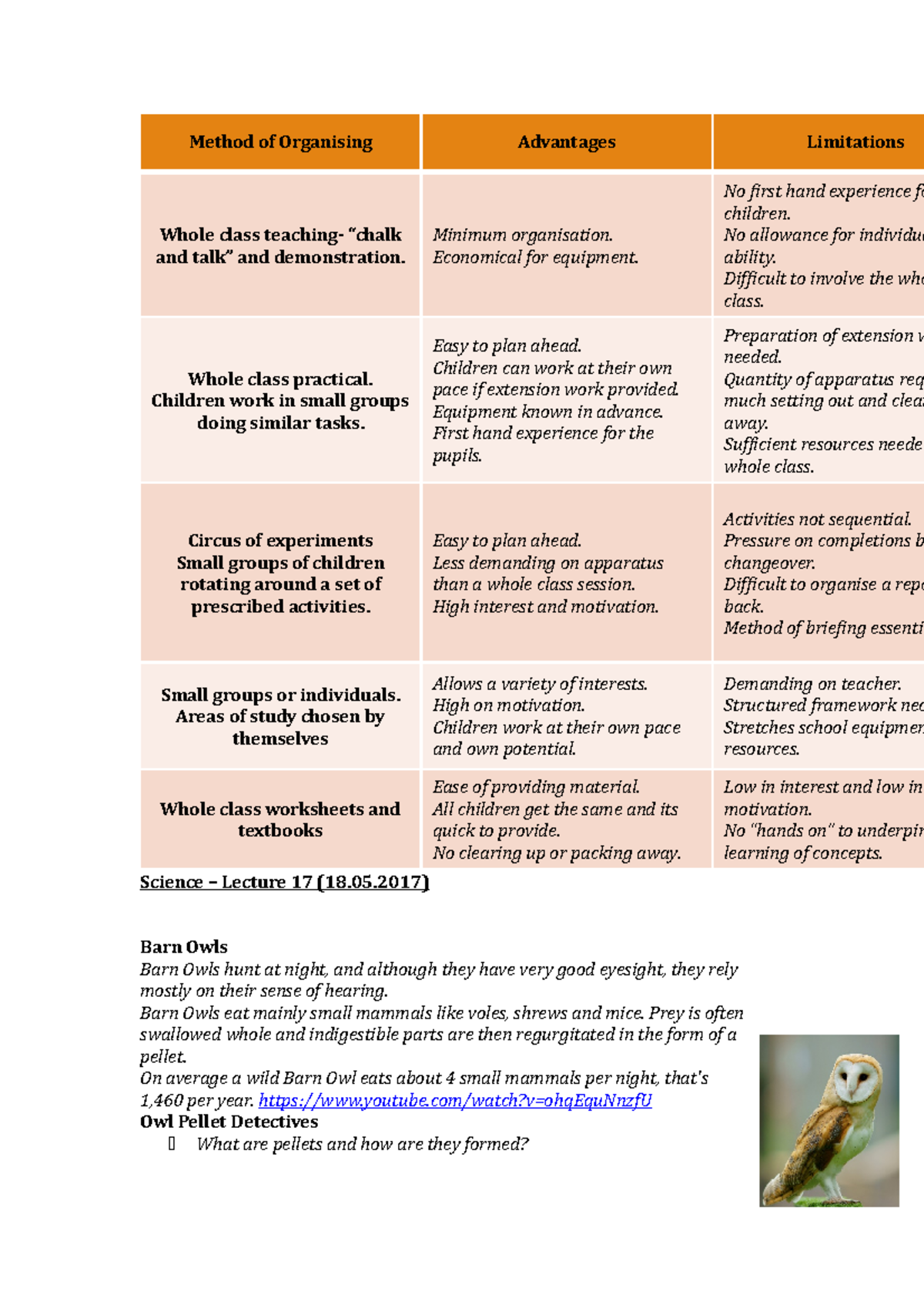 Lecture 17 - Owls - Owls - Method of Organising Advantages Limitations ...