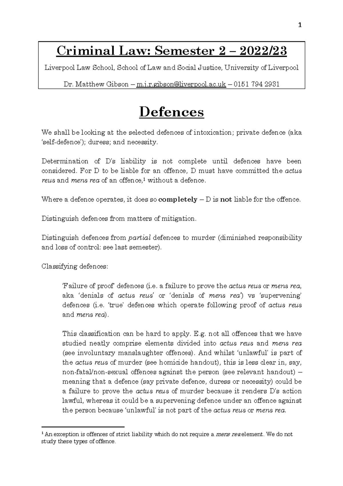 Defences handout - good - Criminal Law: Semester 2 – 2022/ Liverpool ...