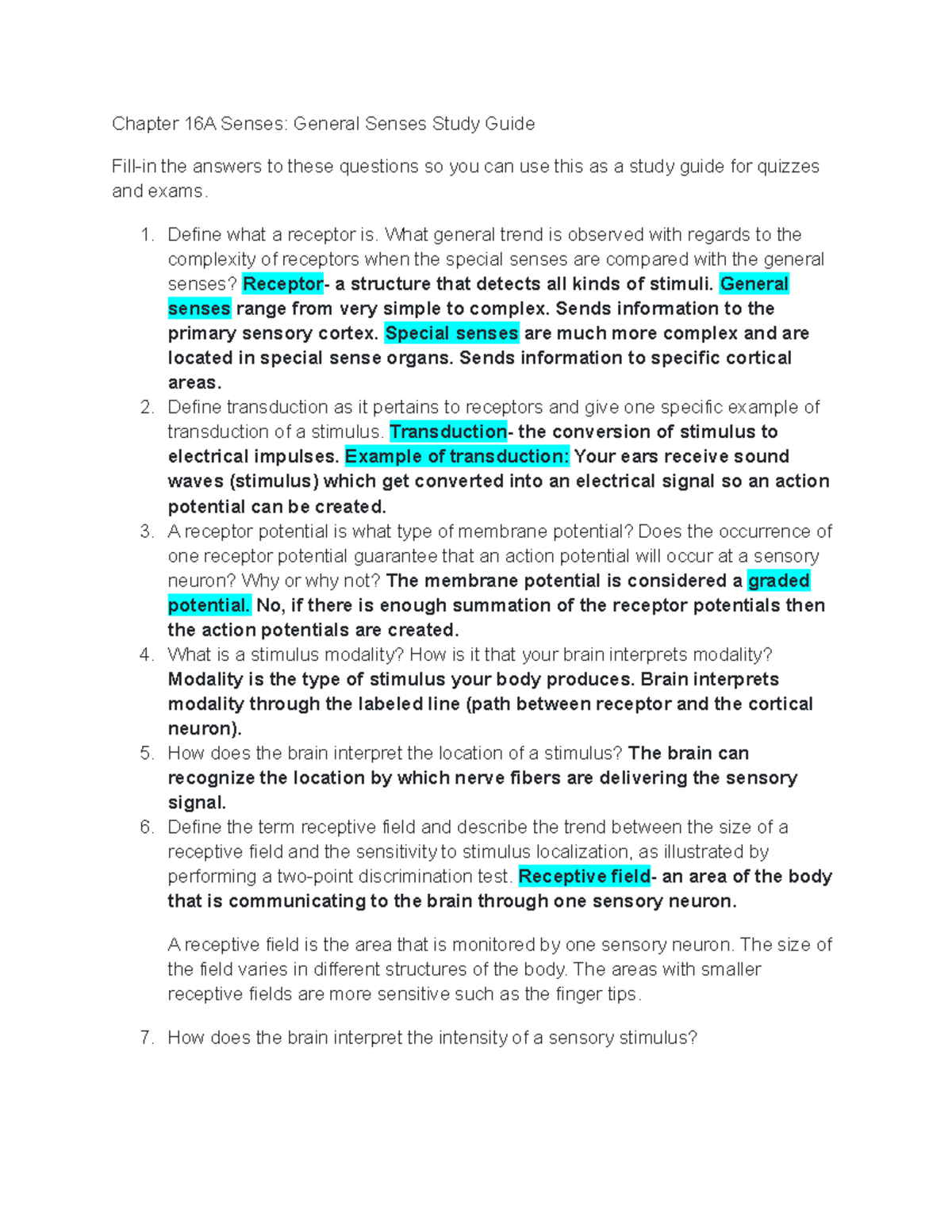 Copy of Group Chapter 16A Senses General Senses Study Guide - Chapter ...